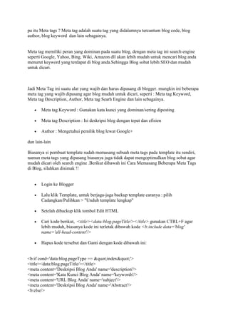 Cara memasang meta tag seo friendly di blogger lengkap dan terbaru | PDF