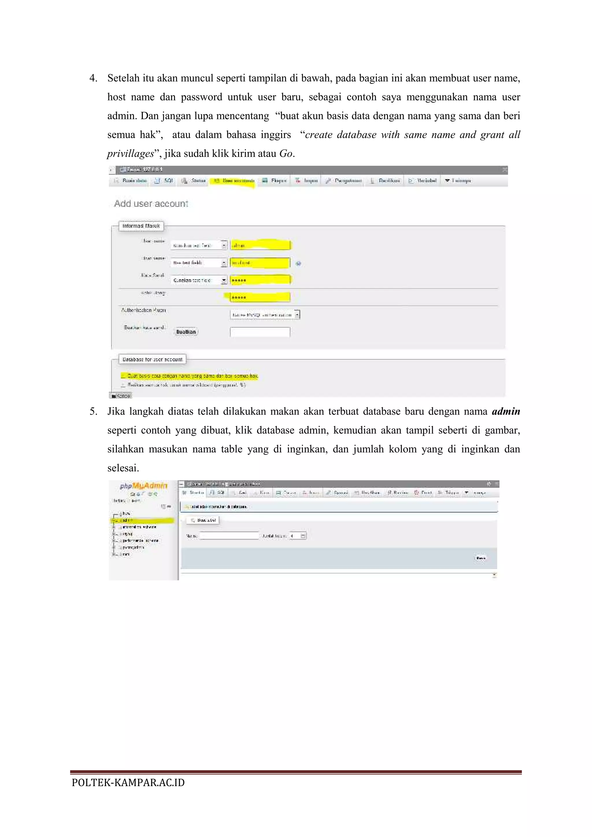 Cara membuat akun database pada phpmyadmin | PDF