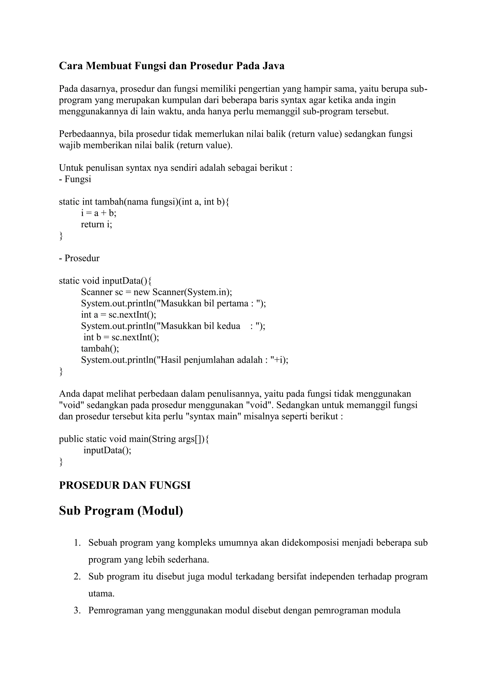 Cara membuat fungsi dan prosedur pada java | PDF