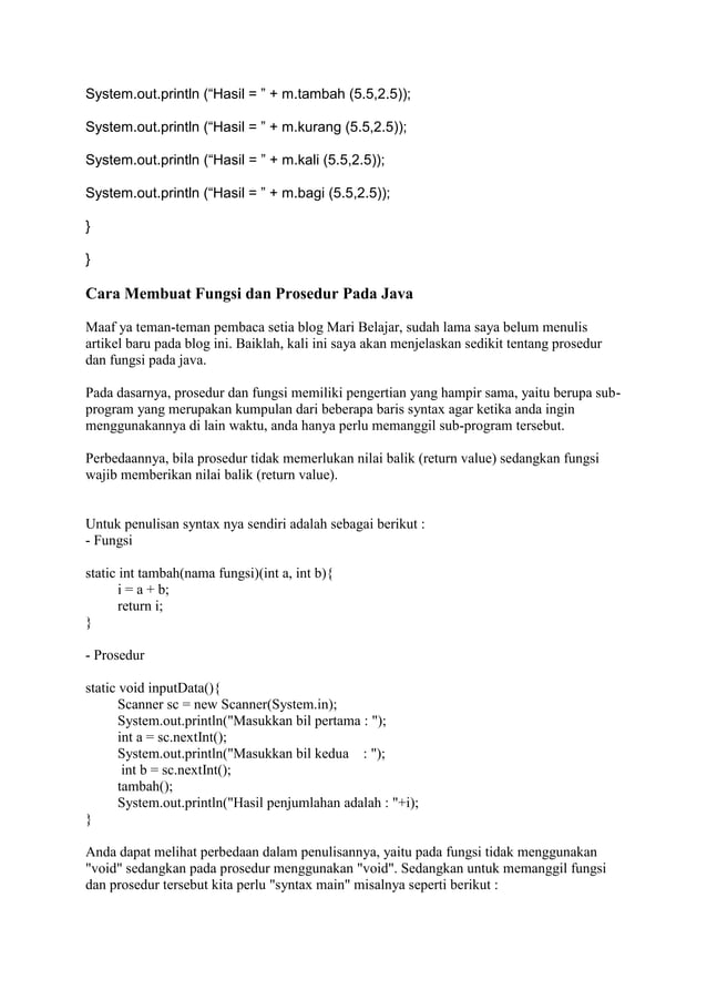 Cara membuat fungsi dan prosedur pada java | PDF