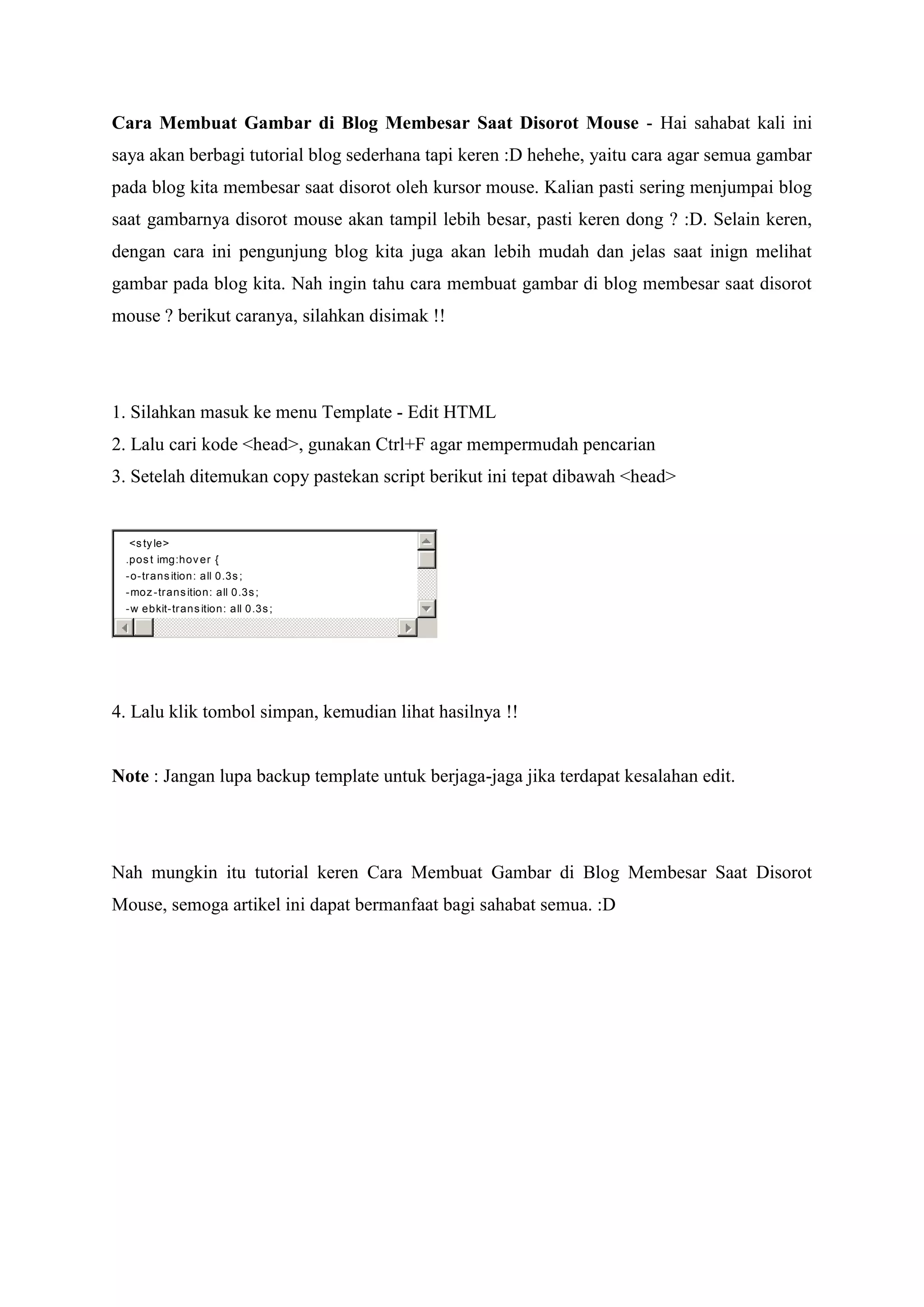 Cara membuat gambar di blog membesar saat disorot mouse | DOCX