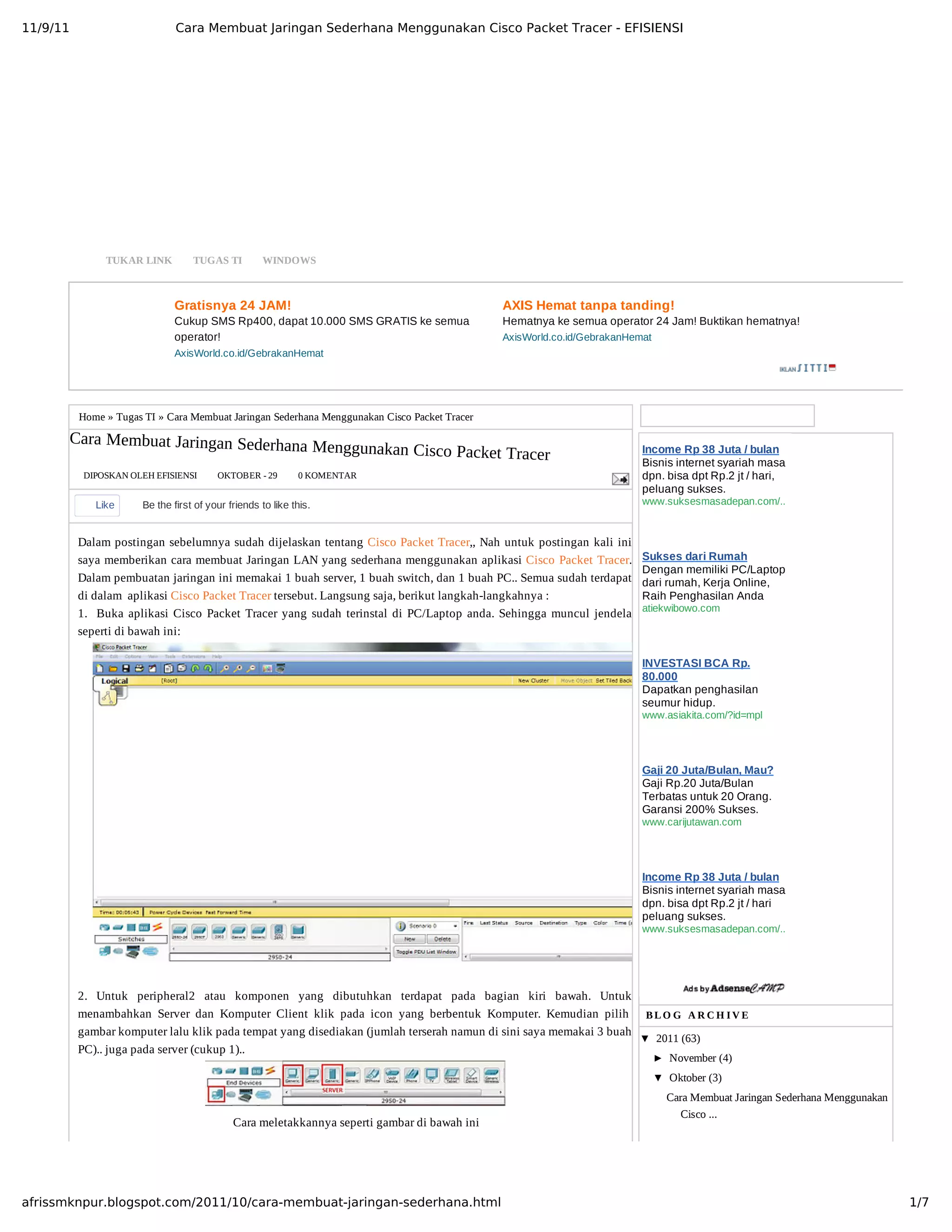 Cara membuat jaringan sederhana menggunakan cisco packet tracer efisiensi | PDF