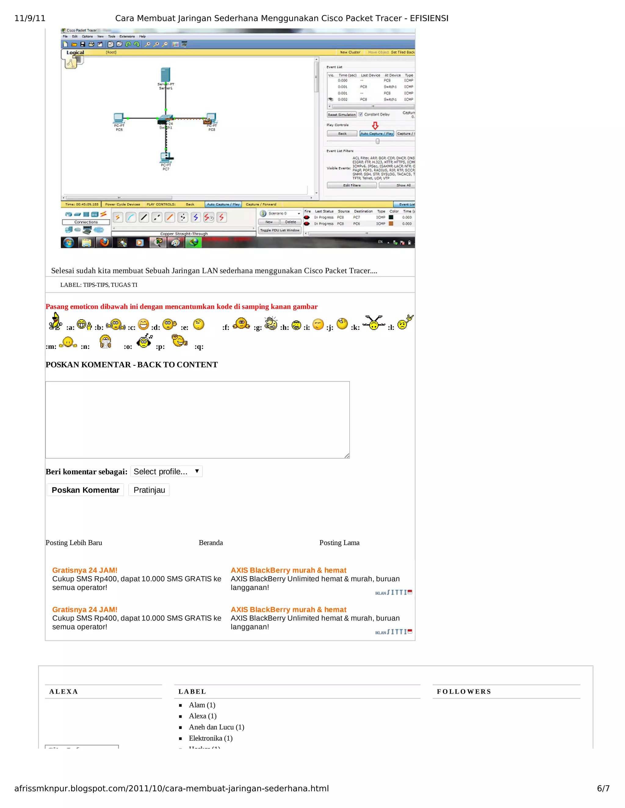 Cara membuat jaringan sederhana menggunakan cisco packet tracer efisiensi | PDF