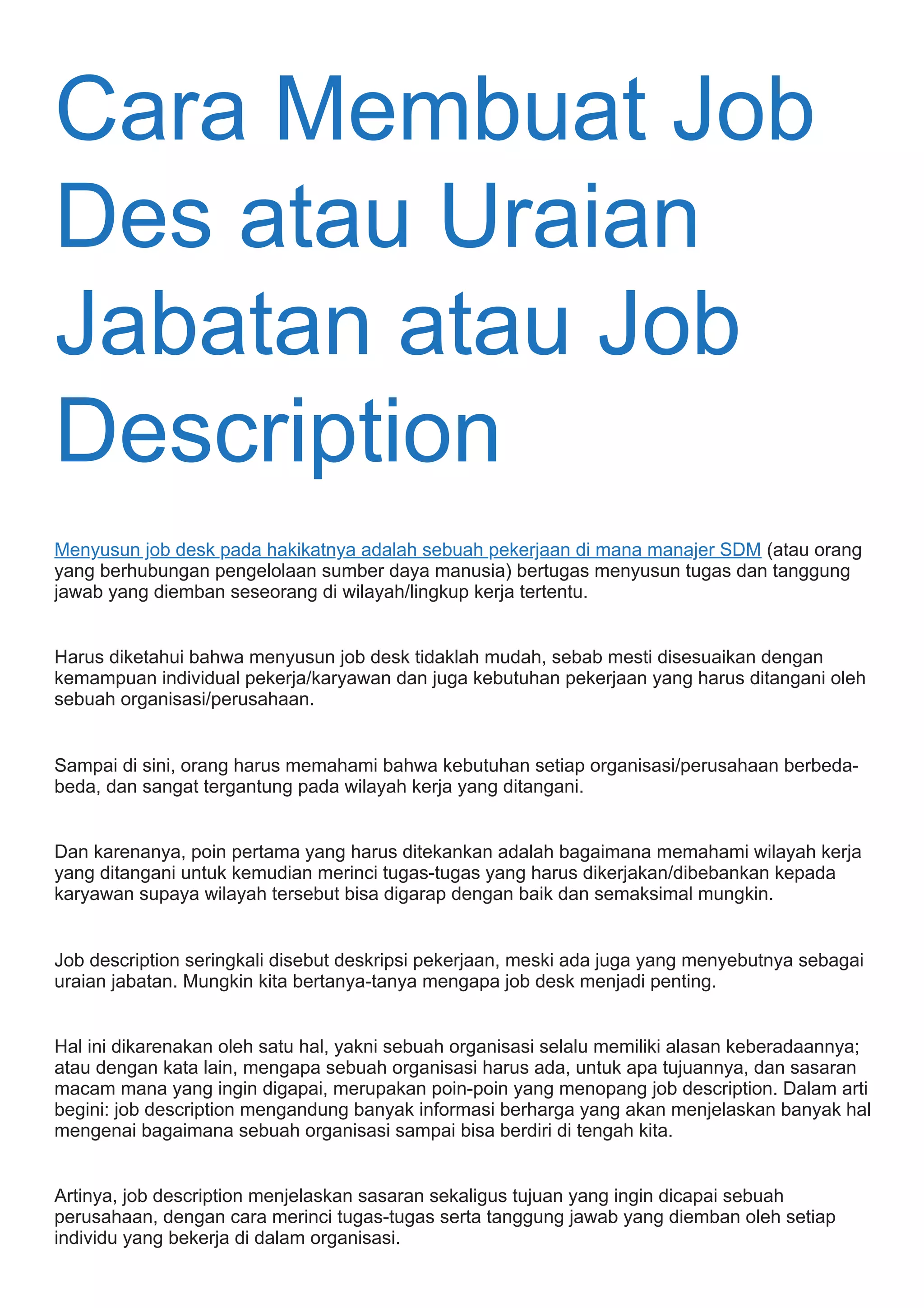 job des atau uraian jabatan atau job description | PDF