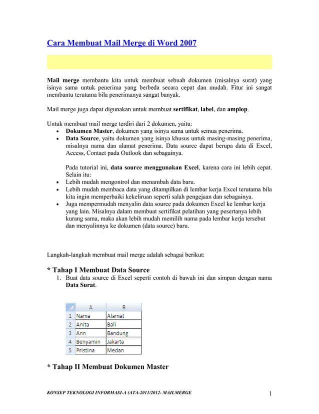 Cara membuat mail merge di word 2007 | PDF