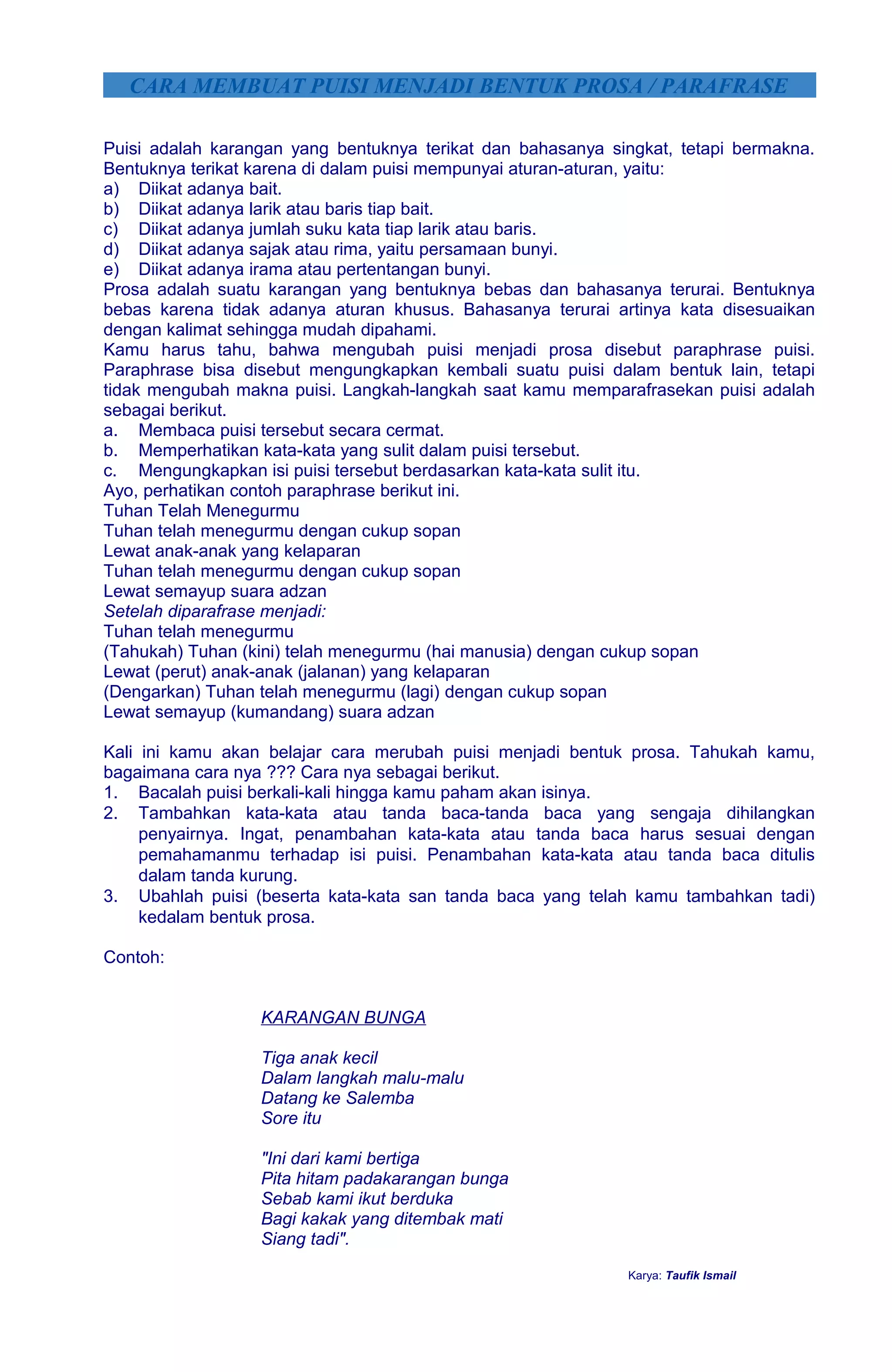 Cara membuat puisi menjadi bentuk prosa | DOC