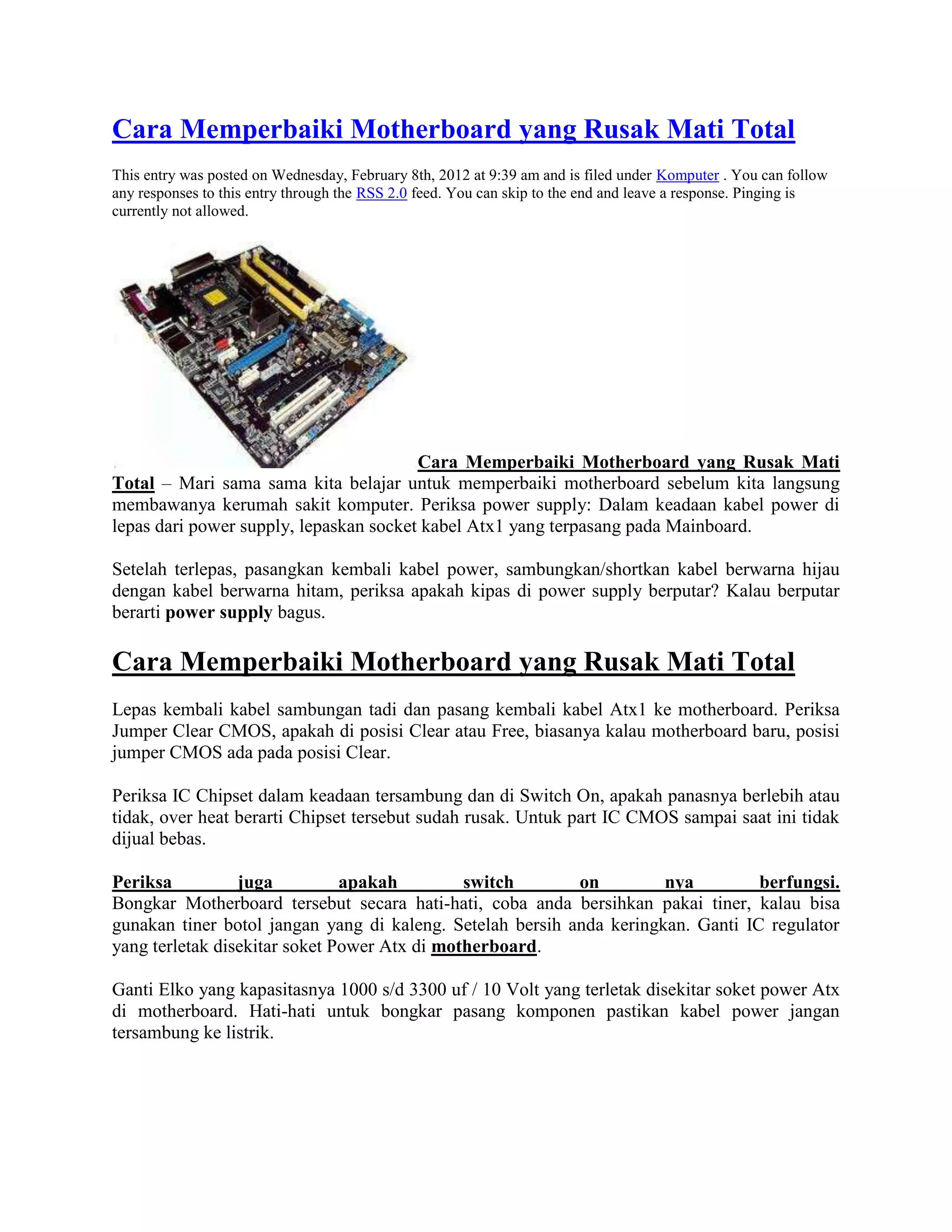 Cara memperbaiki motherboard yang rusak mati total | PDF