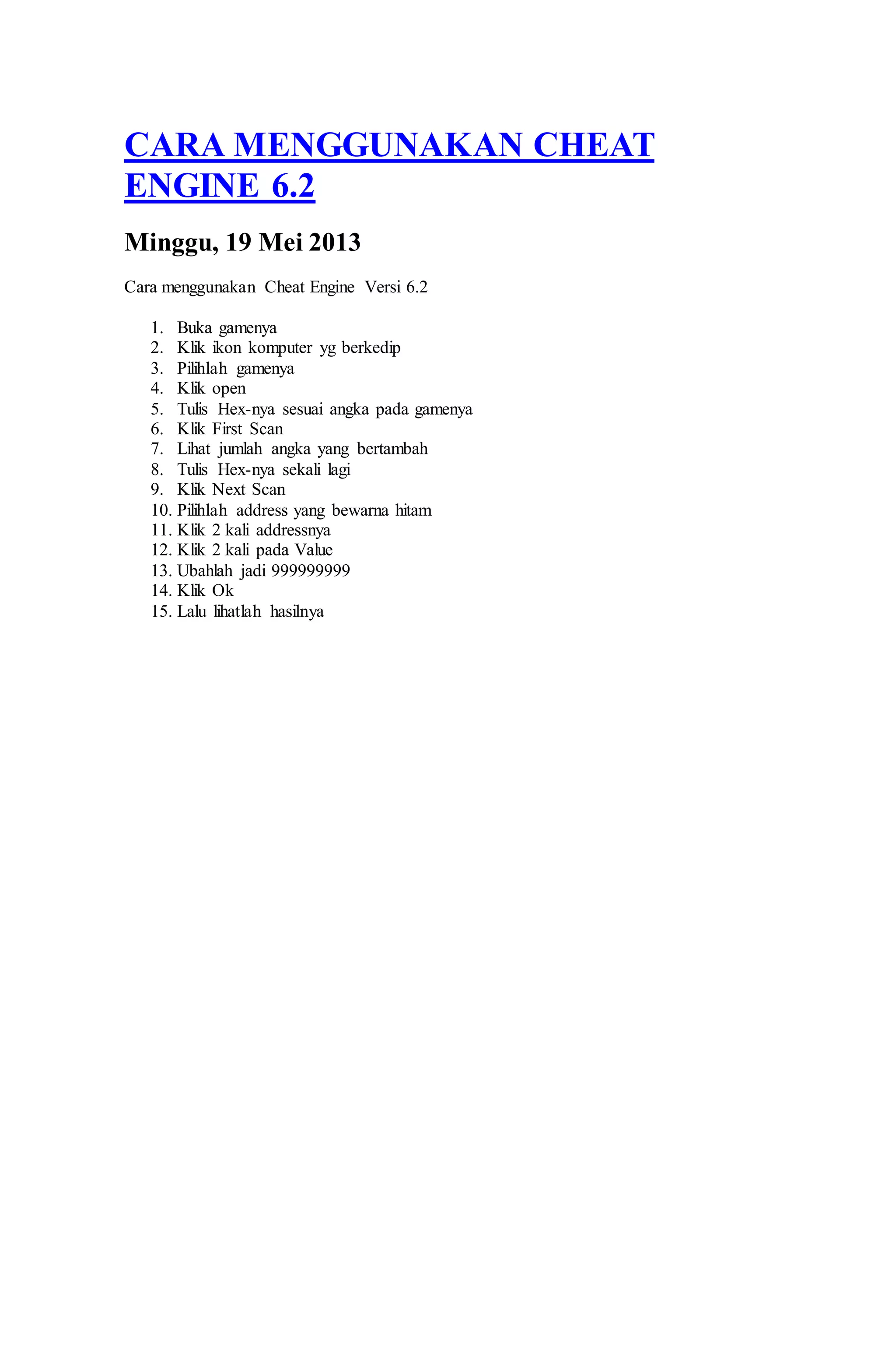 Cara menggunakan cheat engine 6 | PDF