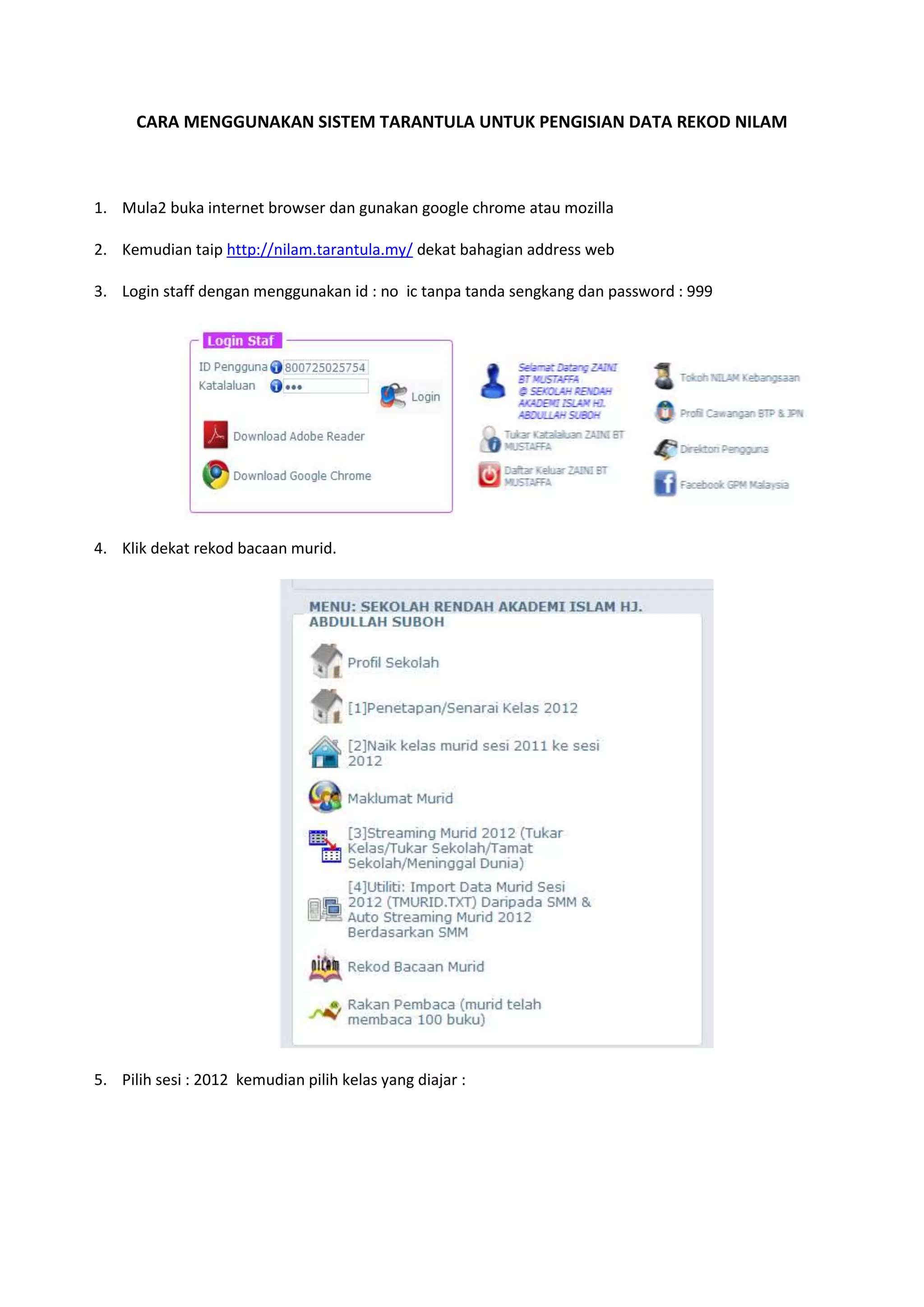 Cara Menggunakan Sistem Tarantula Untuk Pengisian Data Rekod Nilam Docx