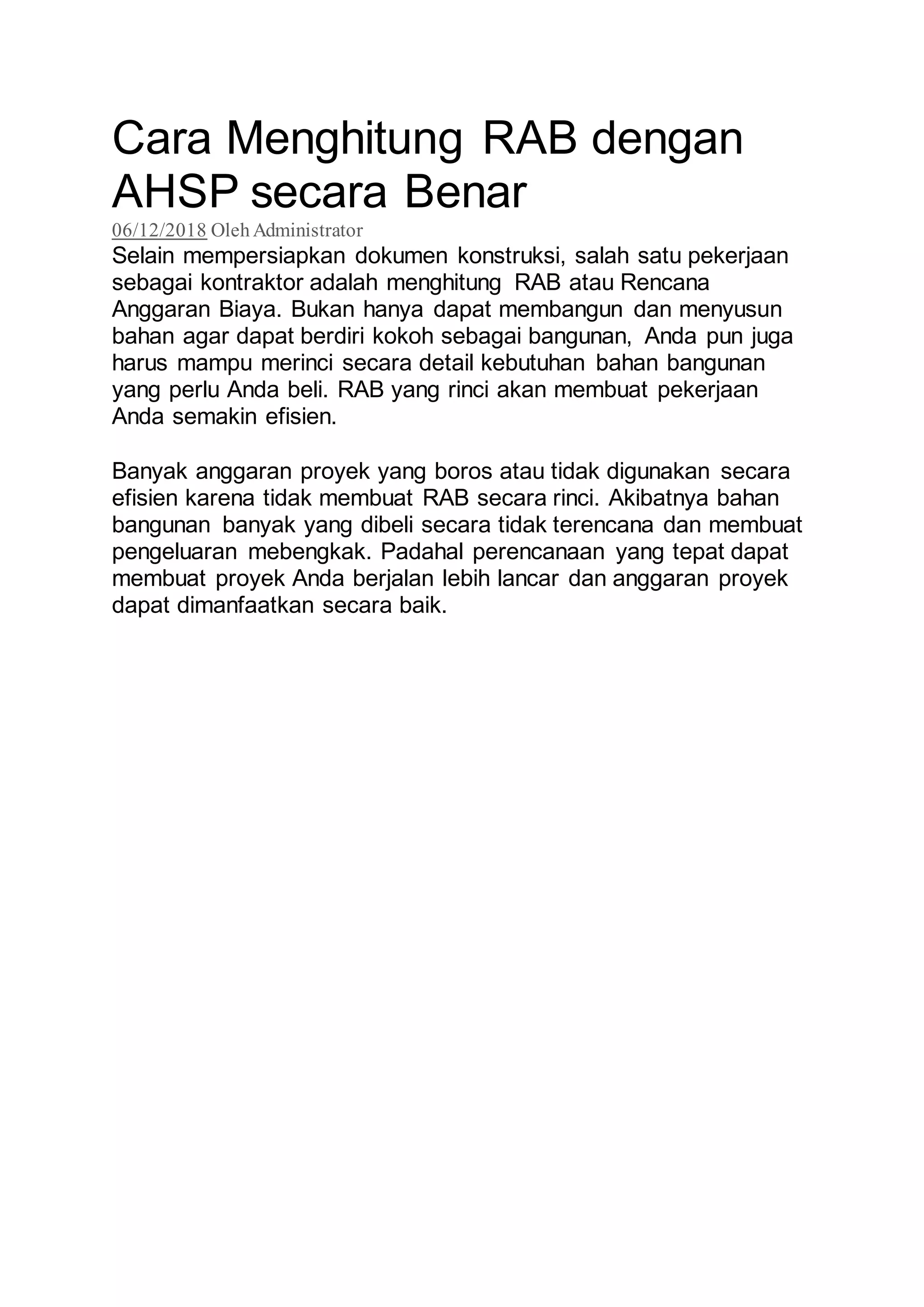 Cara menghitung rab dengan ahsp secara benar | DOCX