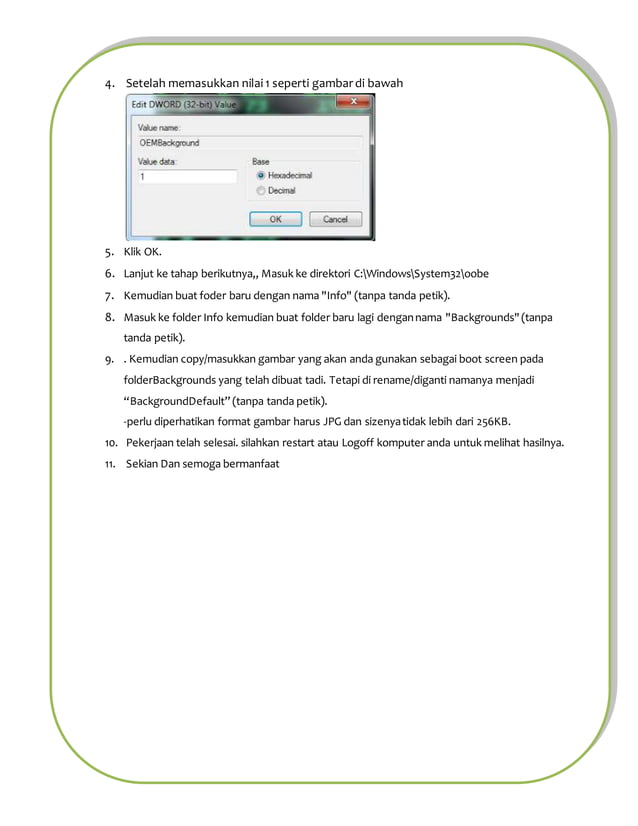 Cara mengubah boot screen ( loading start up) windows 7 tanpa menggunakan software | DOCX