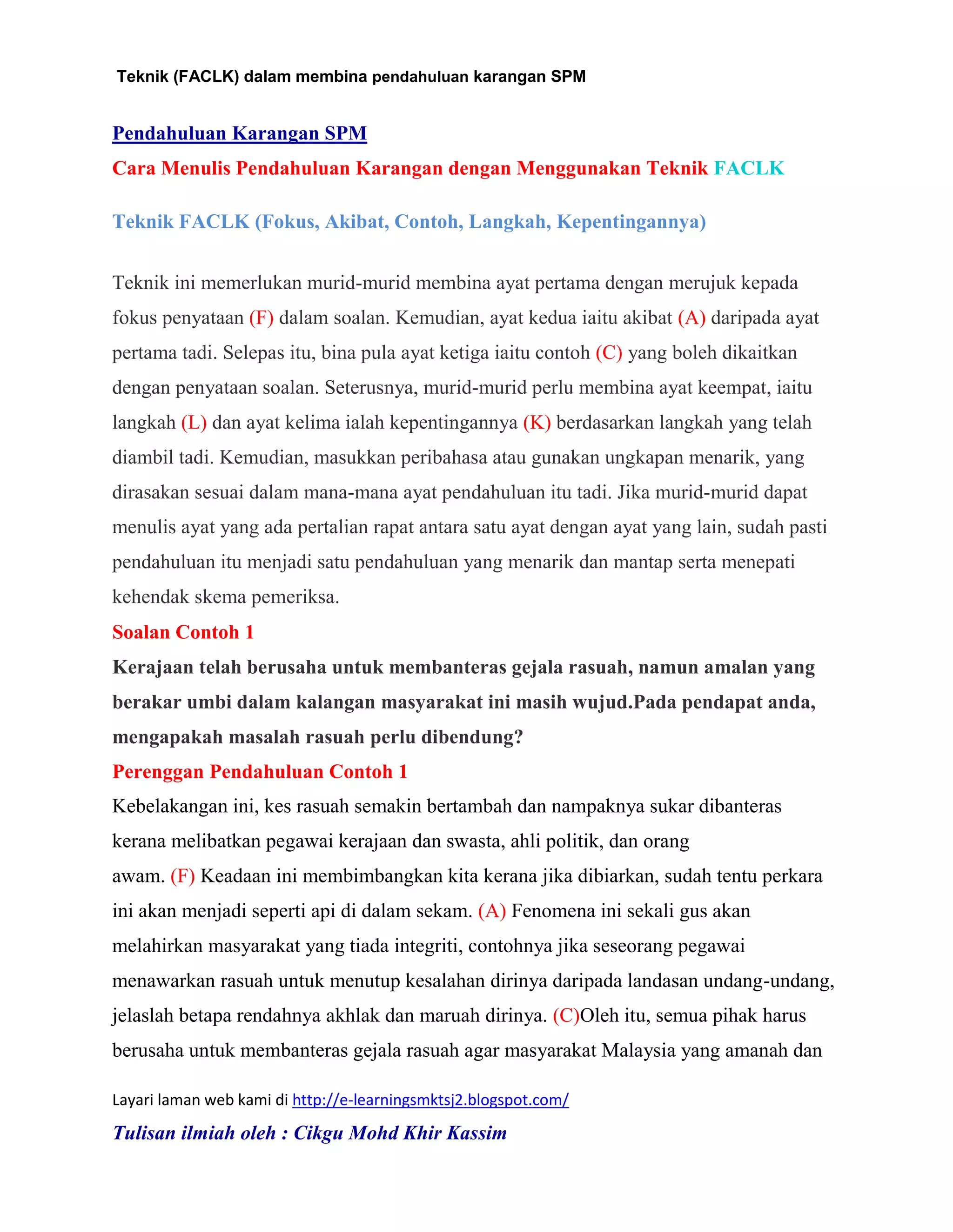 Cara menulis pendahuluan karangan dengan menggunakan teknik faclk | PDF
