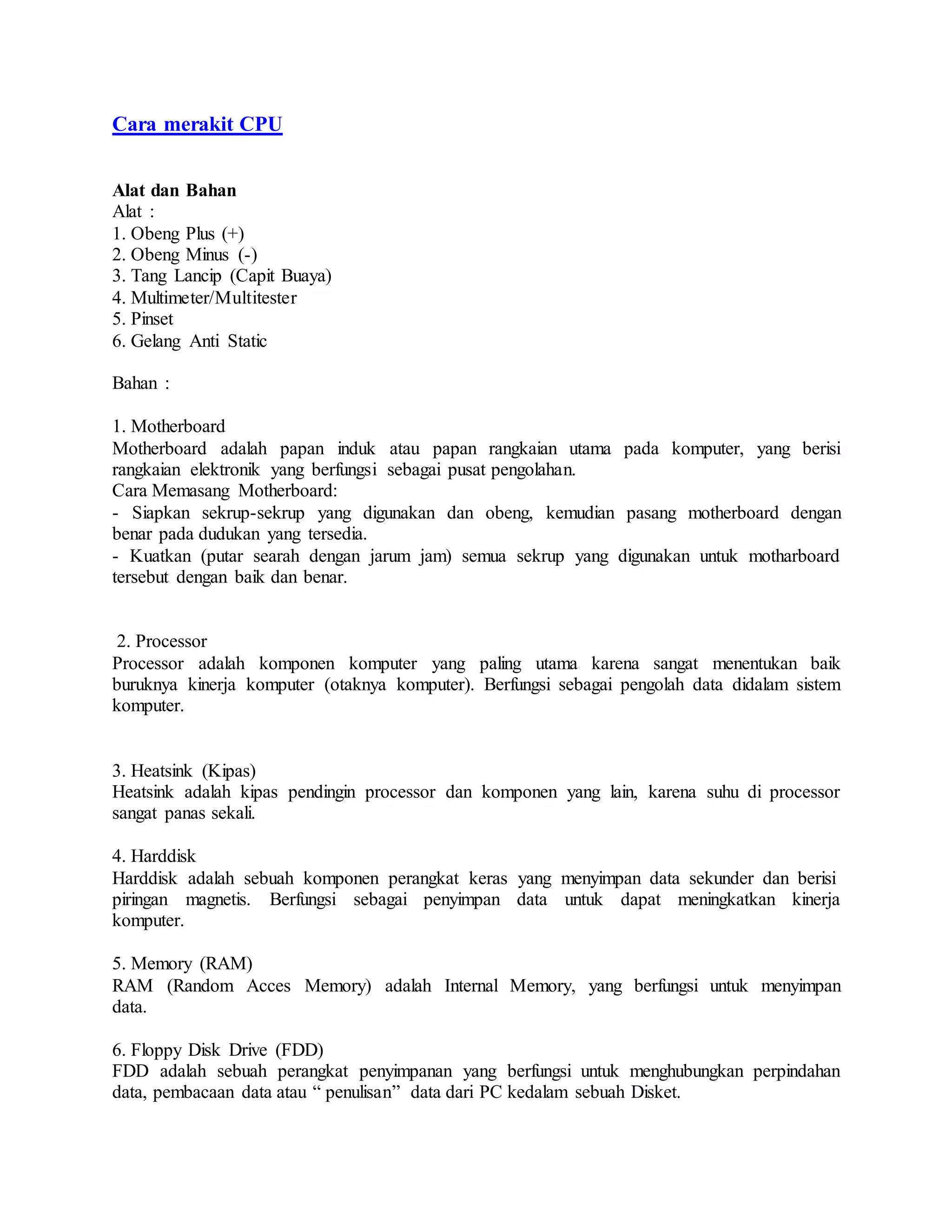 Cara merakit cpu | PDF