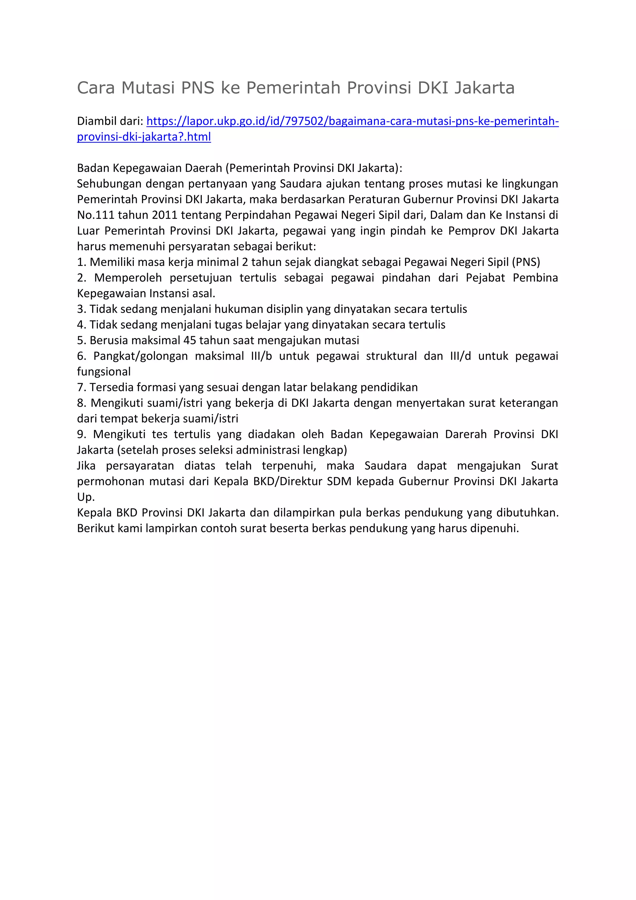 Cara Mutasi PNS ke Pemerintah Provinsi DKI Jakarta | PDF
