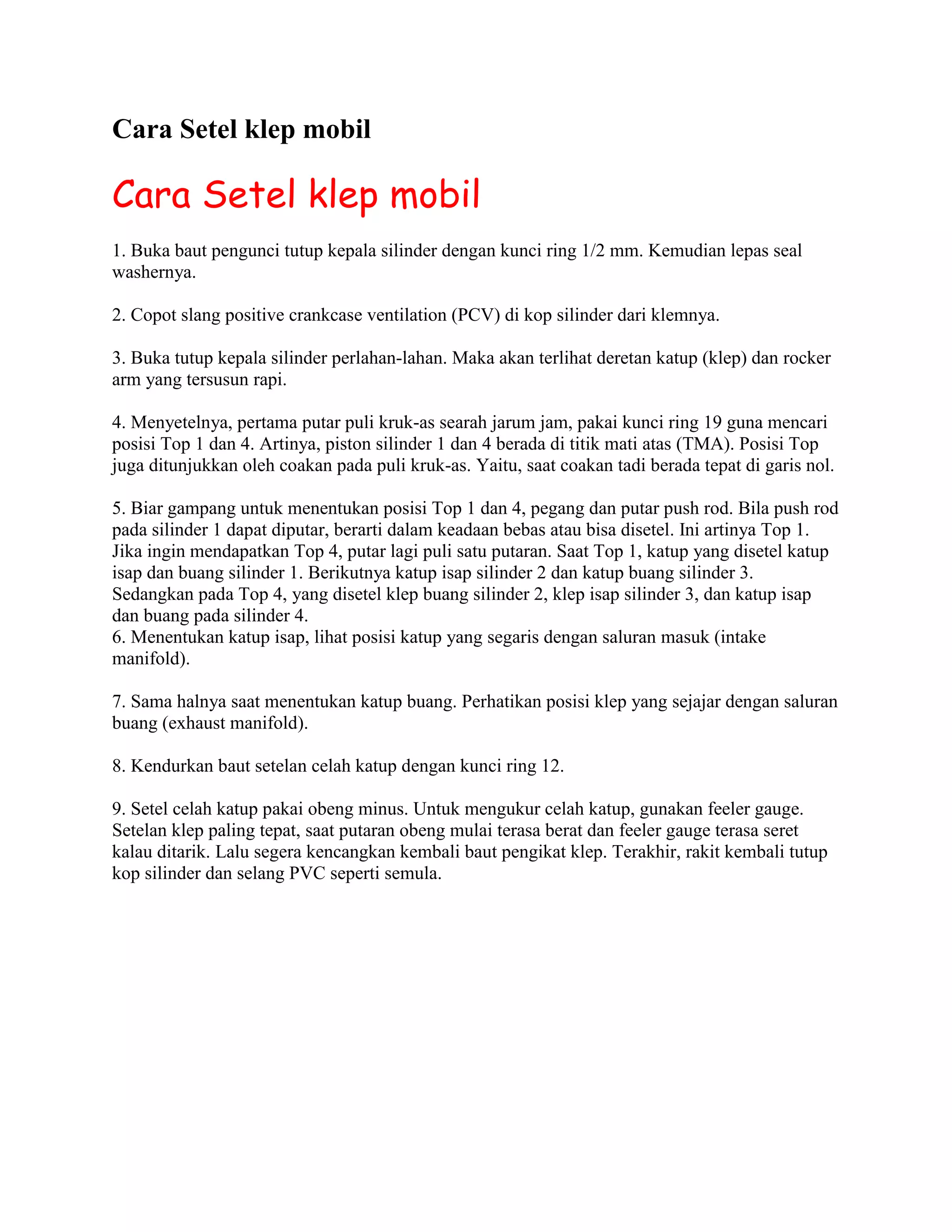 Cara setel klep mobil | DOCX