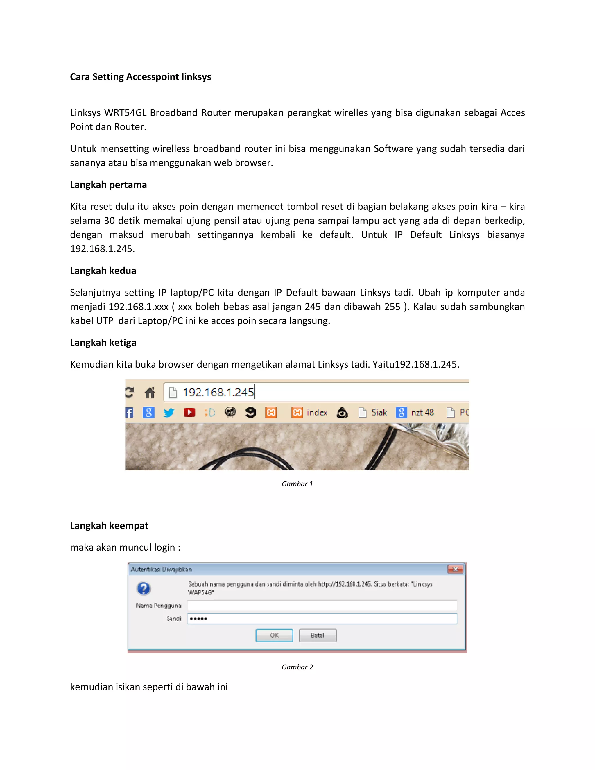 Cara setting accesspoint linksys | PDF