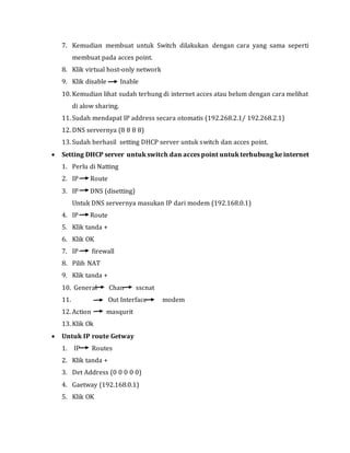 Cara setting dhcp server dan menghubungkan clien clien yang ada di sekitar ke internet | DOCX