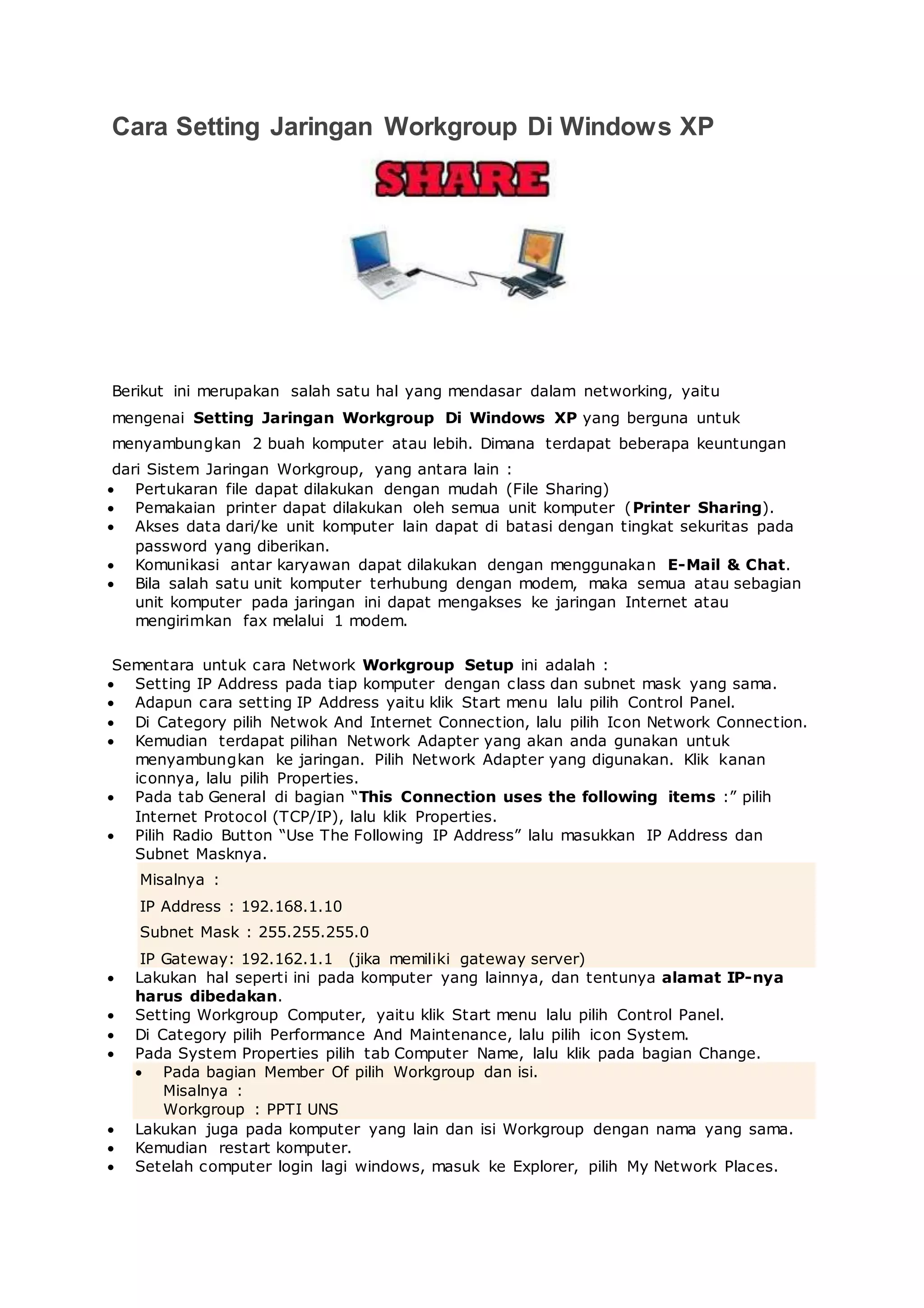 Cara setting jaringan workgroup di windows xp | PDF