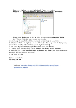 Cara setting jaringan workgroup di windows xp | DOCX