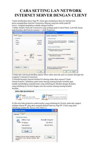 Cara setting lan network internet server dengan client | DOCX