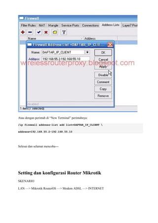Cara setting mikrotik router ip address yang di perbolehkan konek ke internet | DOC
