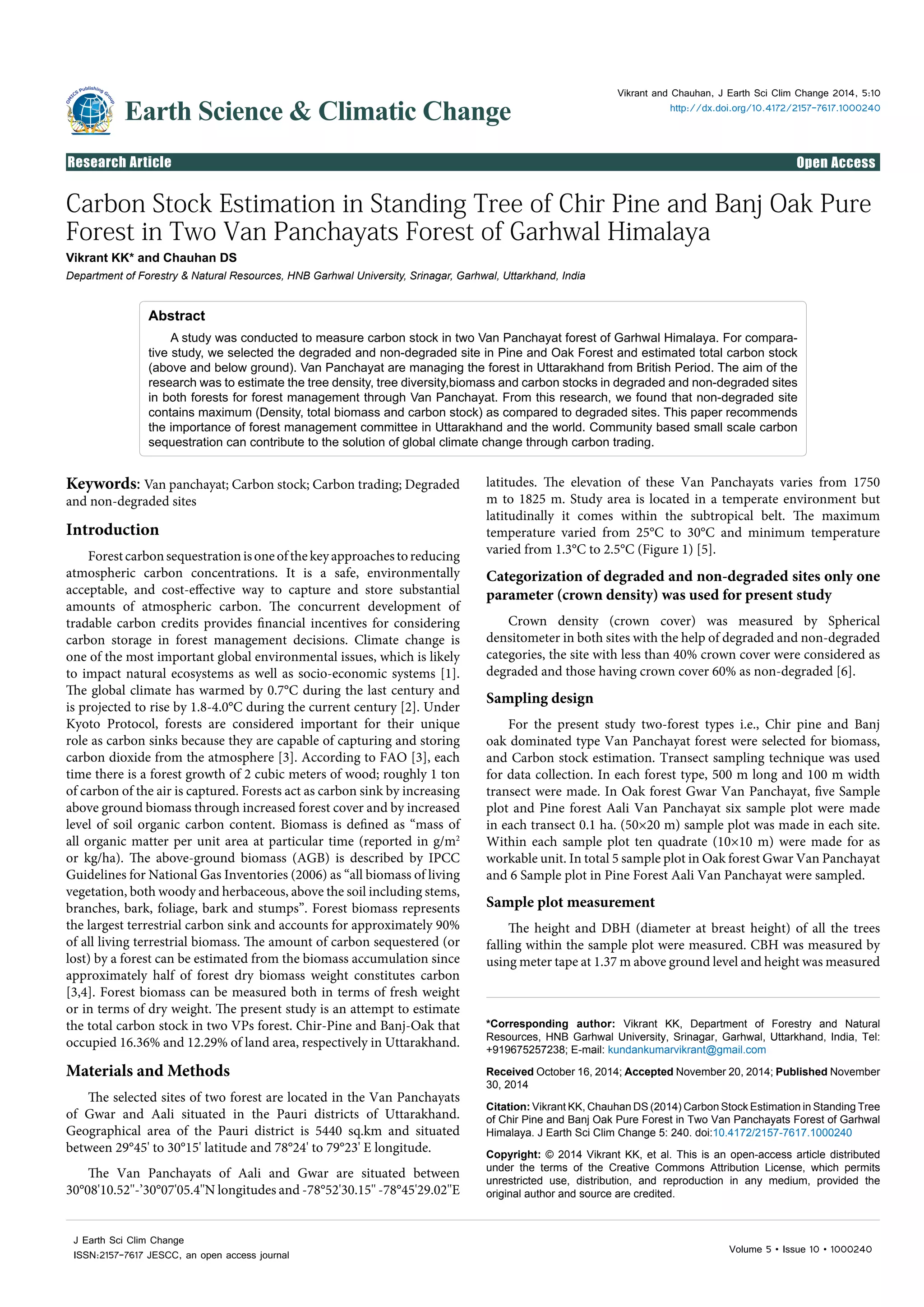 Carbon Stock Estimation in Standing Tree of Chir Pine and Banj Oak Pure ...