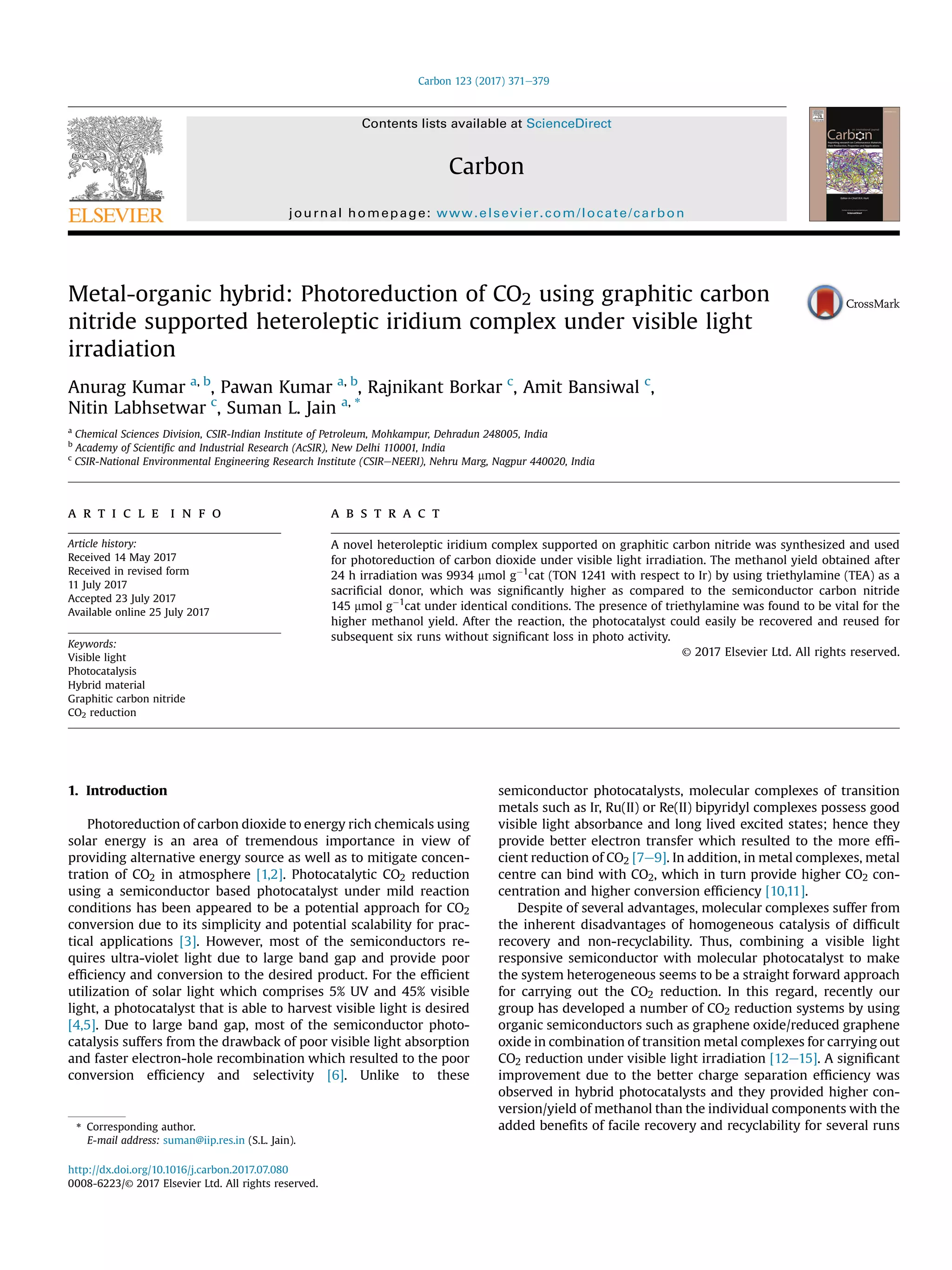 Metal-organic hybrid: Photoreduction of CO2 using graphitic carbon ...