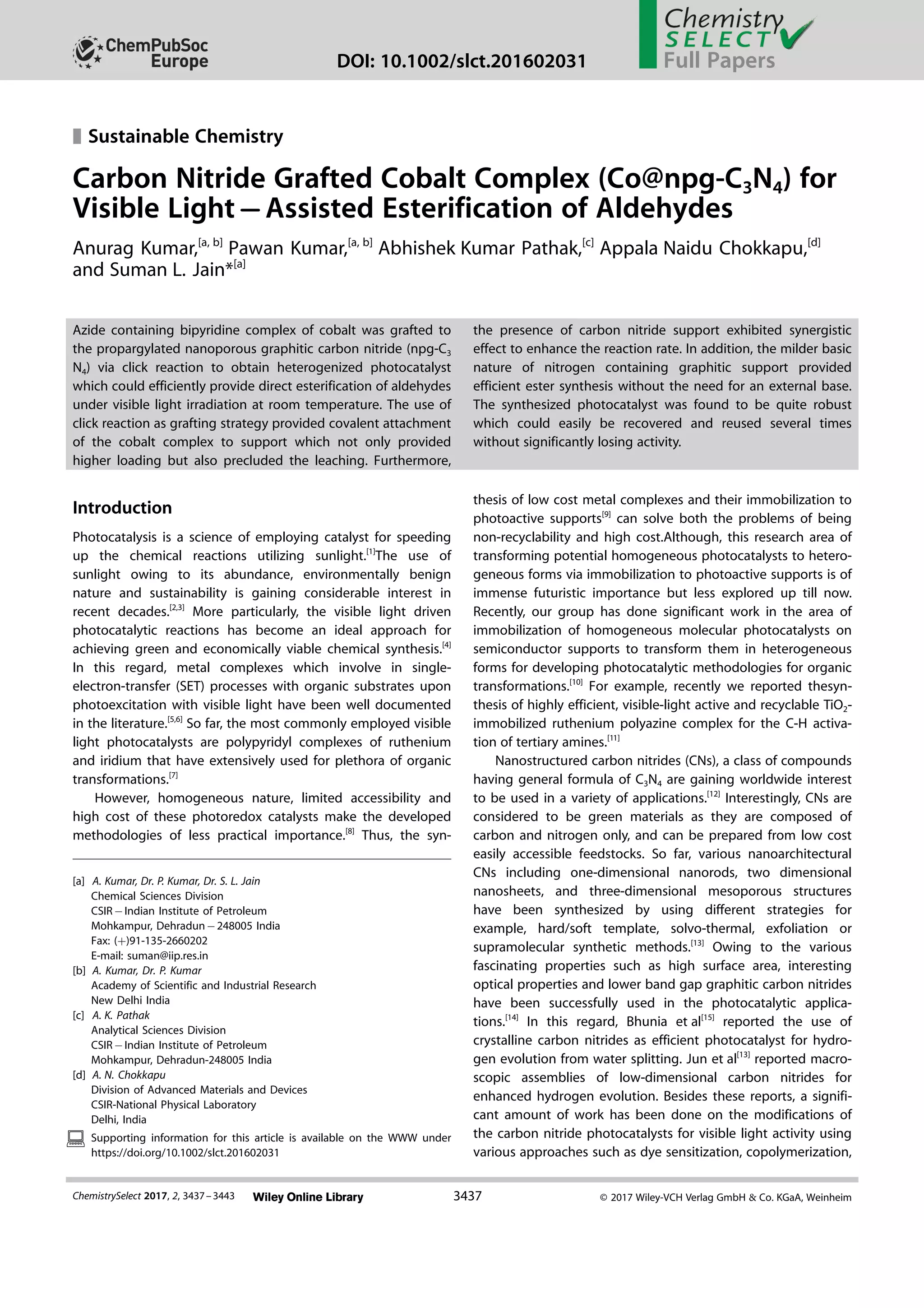 Carbon Nitride Grafted Cobalt Complex (Co@npg-C3N4) for Visible Light ...