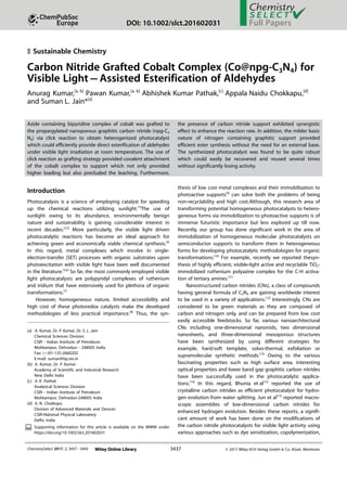 Carbon Nitride Grafted Cobalt Complex (Co@npg-C3N4) for Visible Light Assisted Esterification of ...
