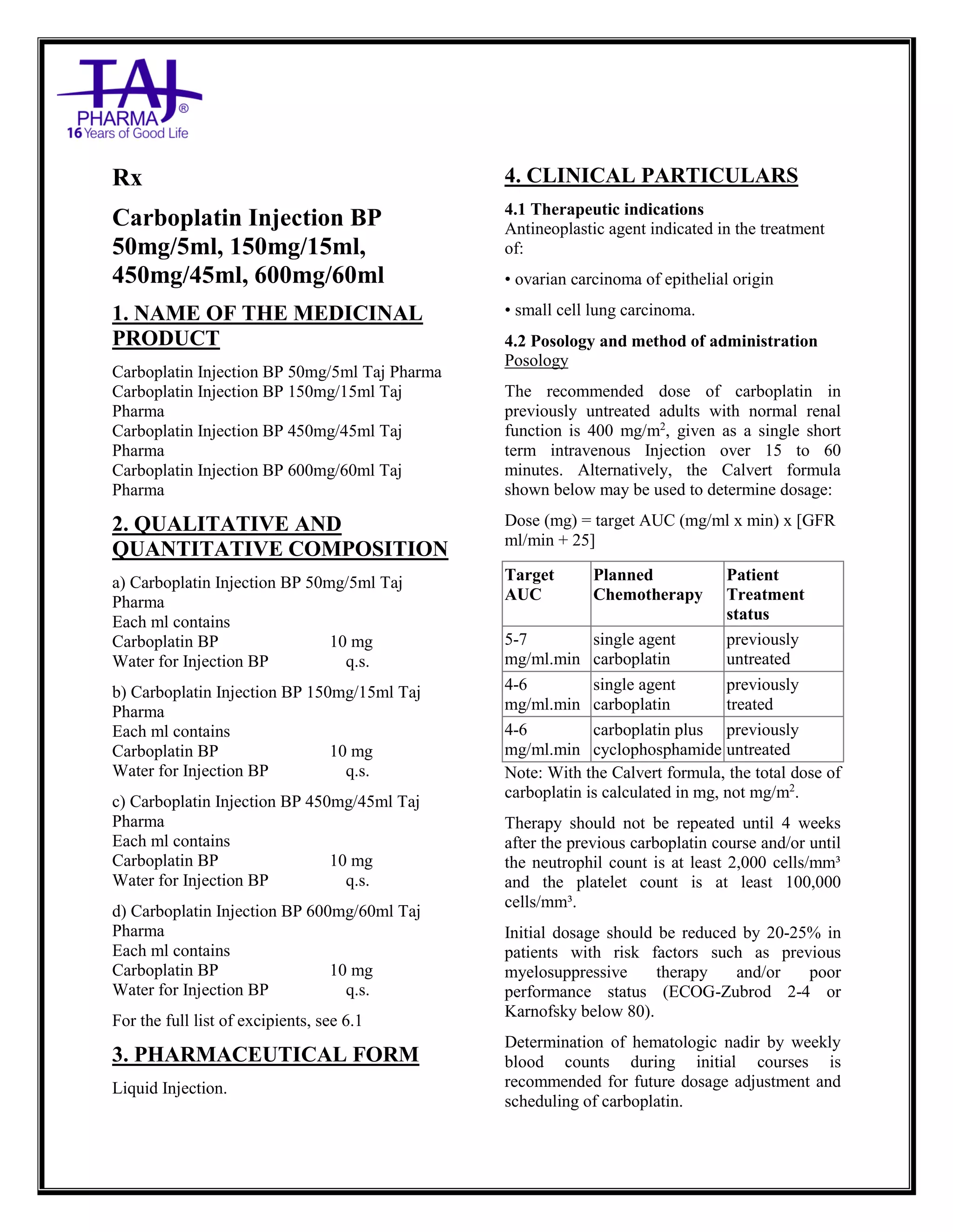 Carboplatin Injection Taj Pharma SmPC | PDF