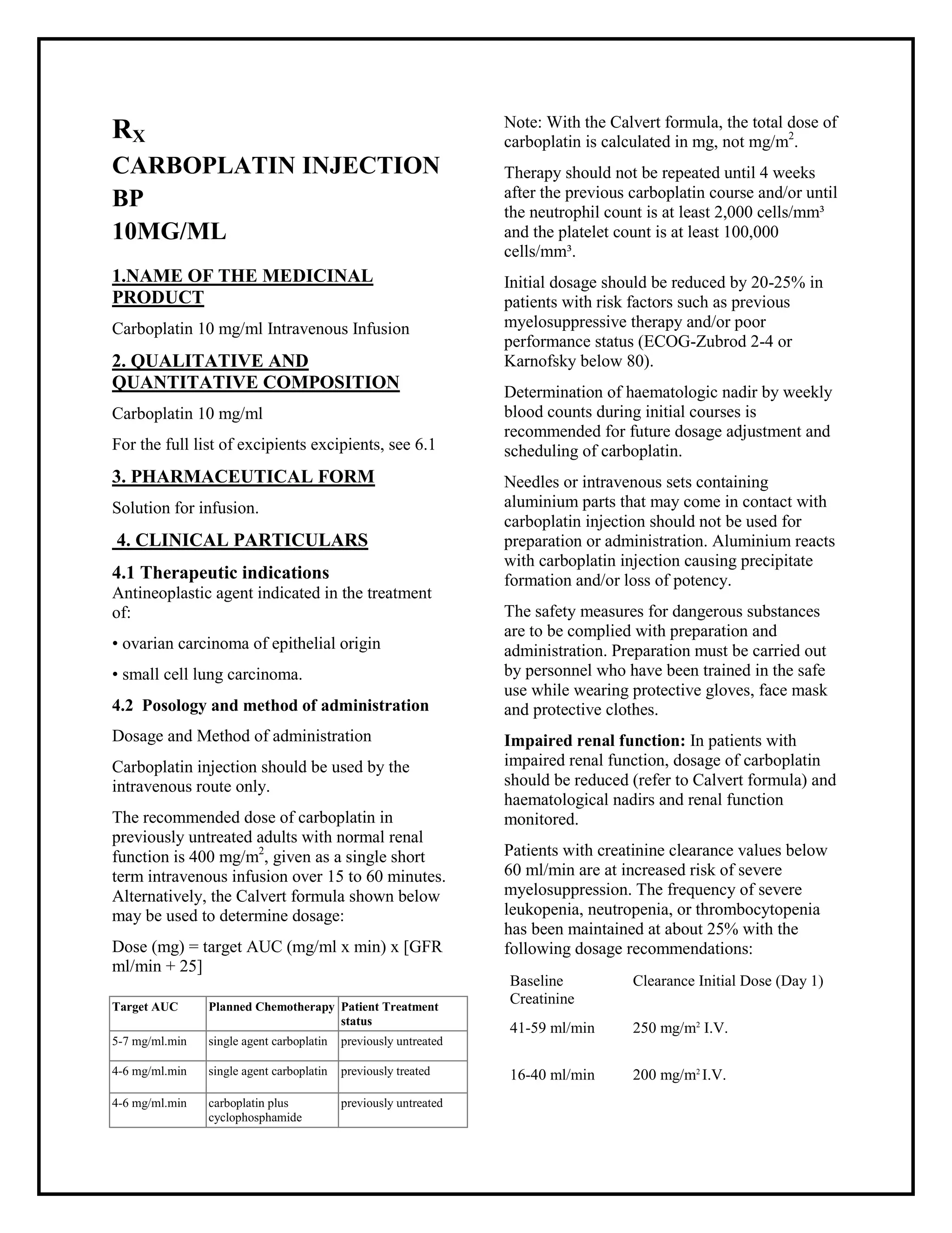 Carboplatin 10 mgml intravenous infusion smpc taj pharmaceuticals | PDF