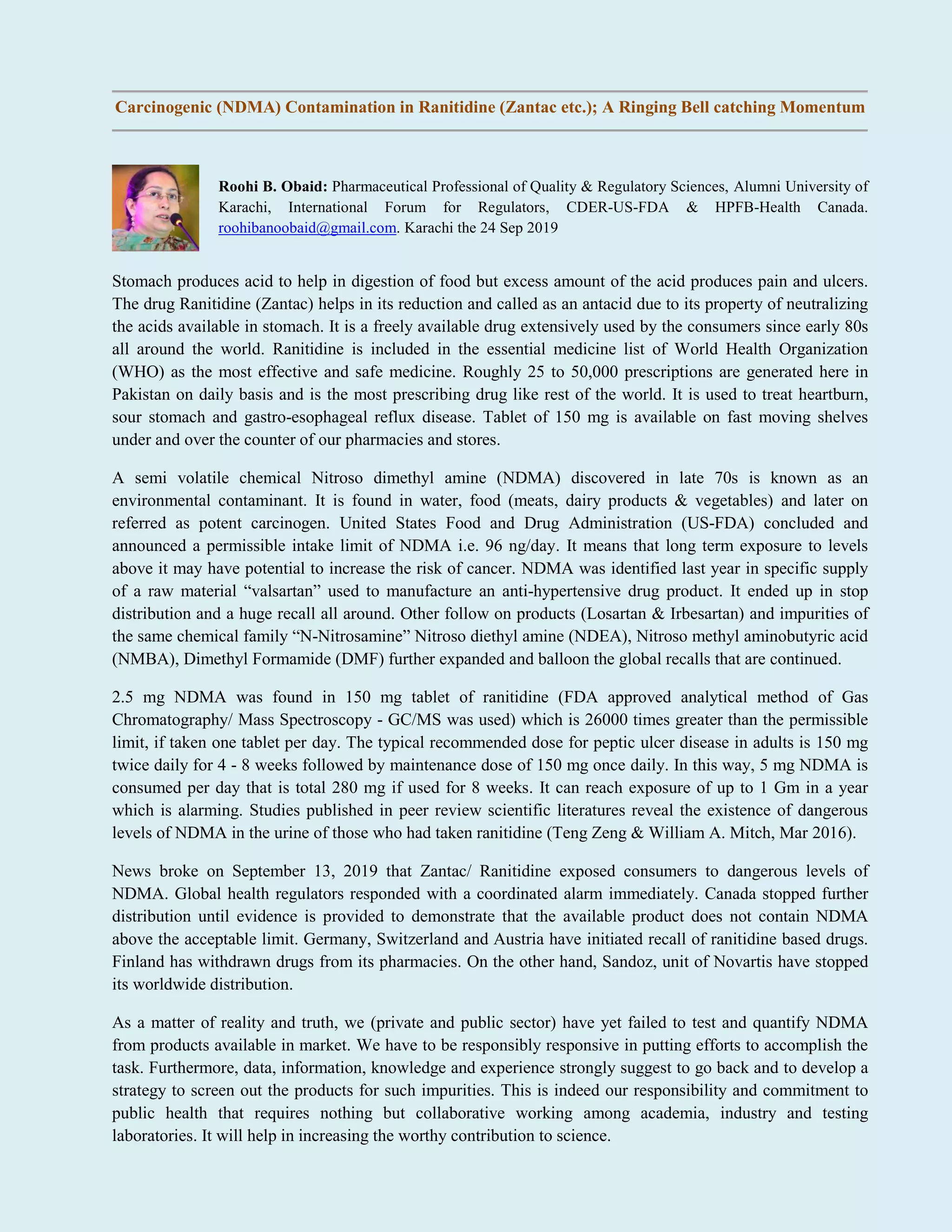 Carcinogenic (NDMA) Contamination in Ranitidine (Zantac etc.); A ...