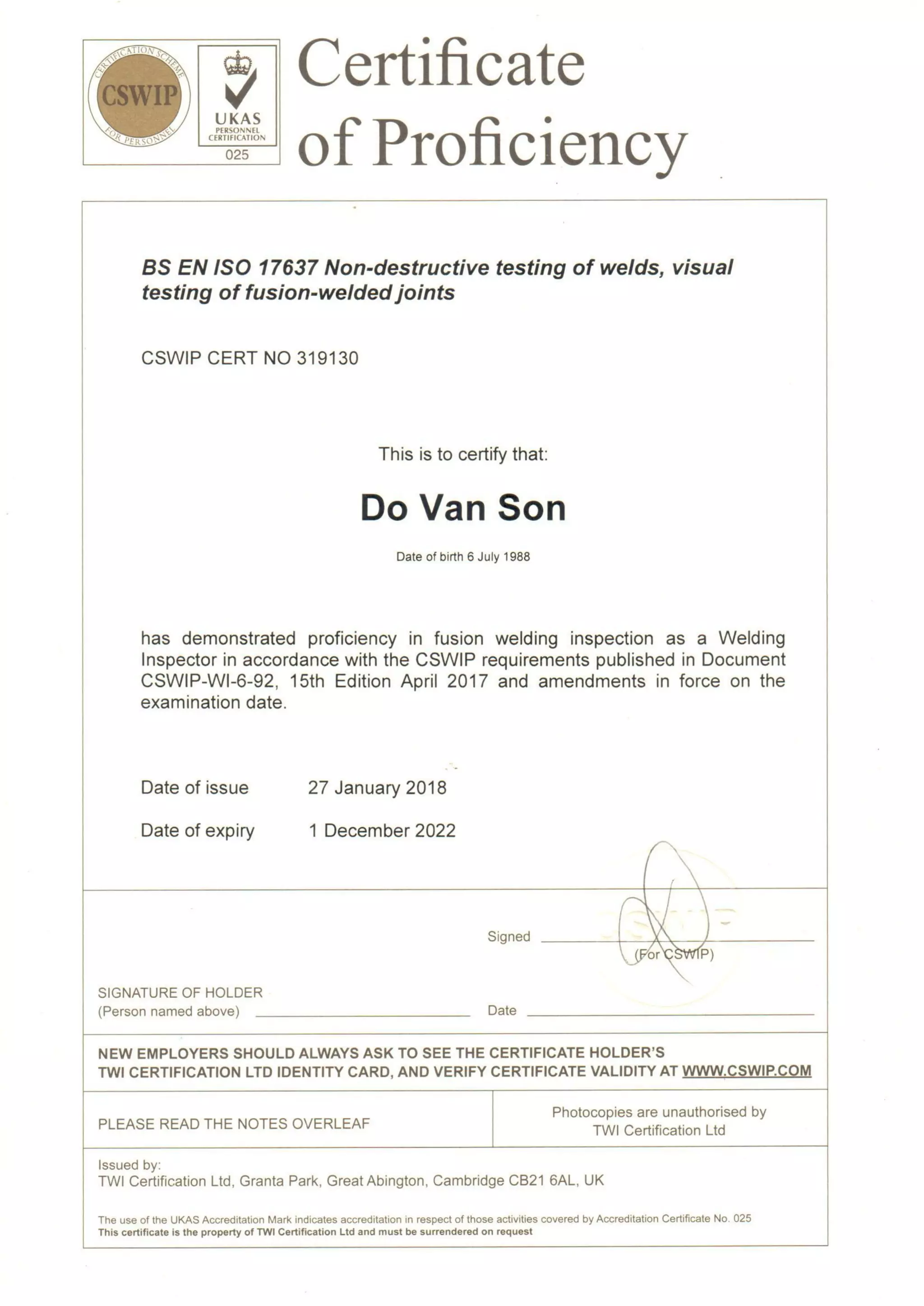 Card & cert cswip 3.1 do van son | PDF