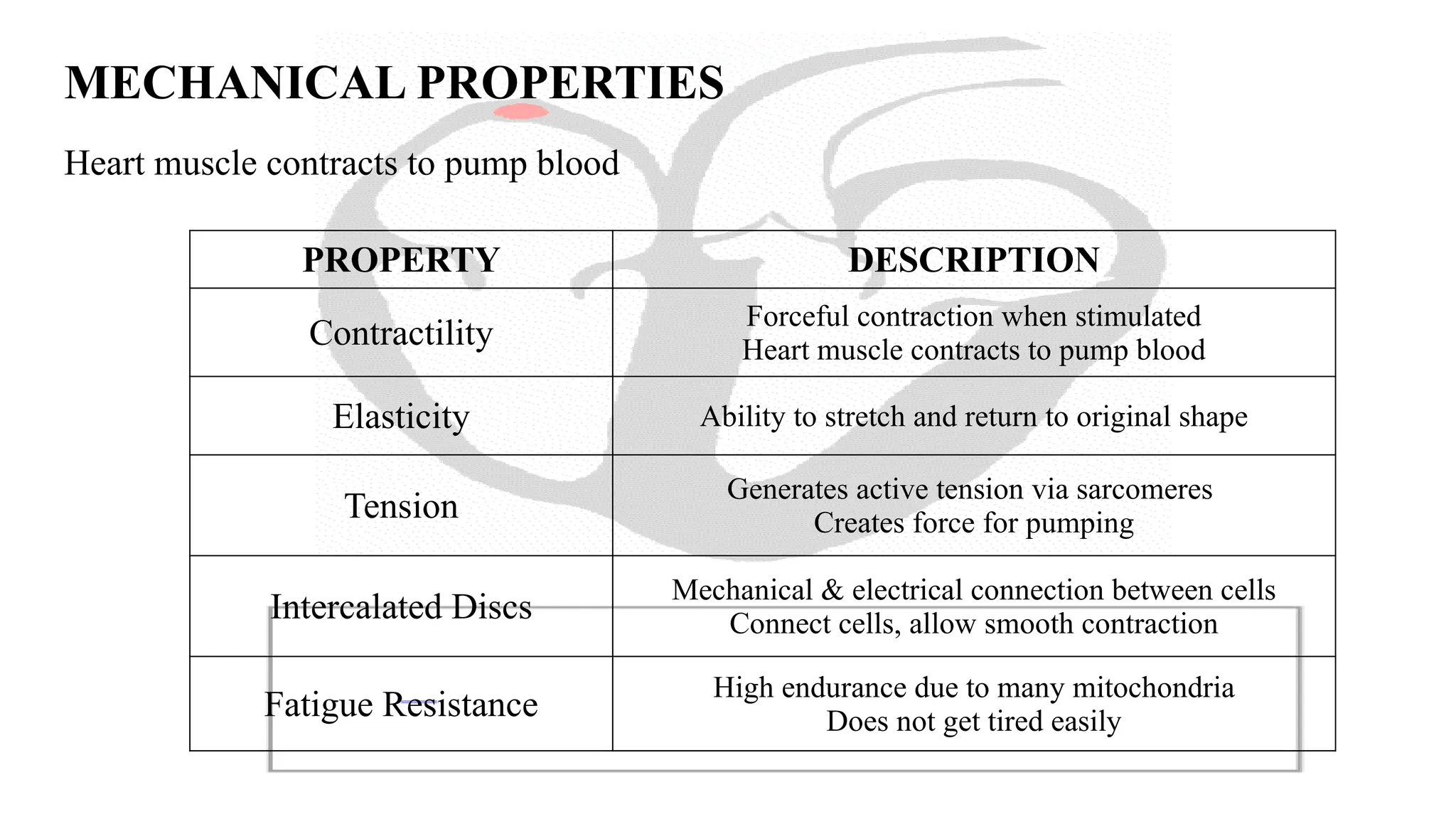 Electrical and mechanical properties of heart muscles and phases of ...
