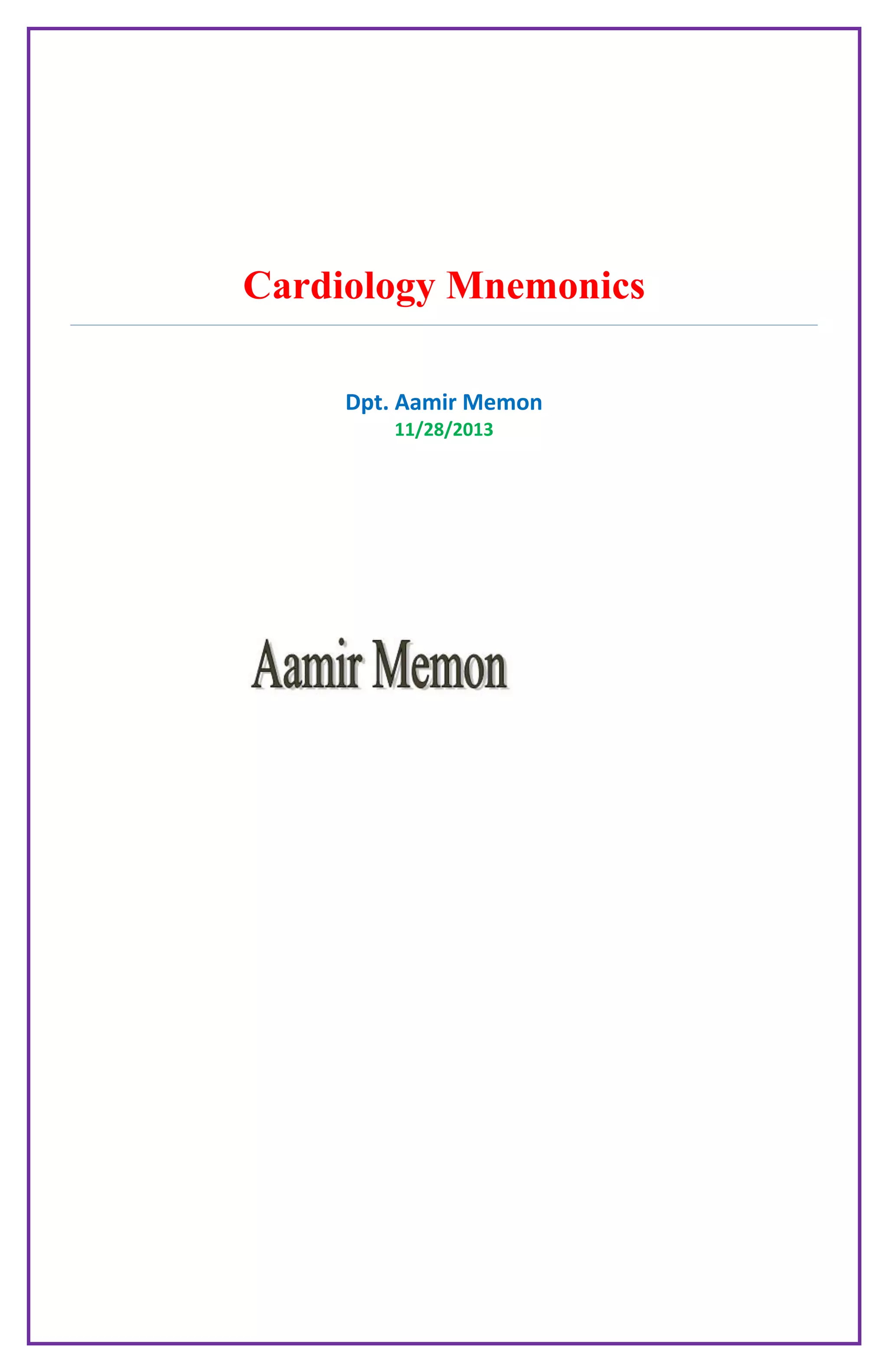 Cardiology mnemonics | PDF