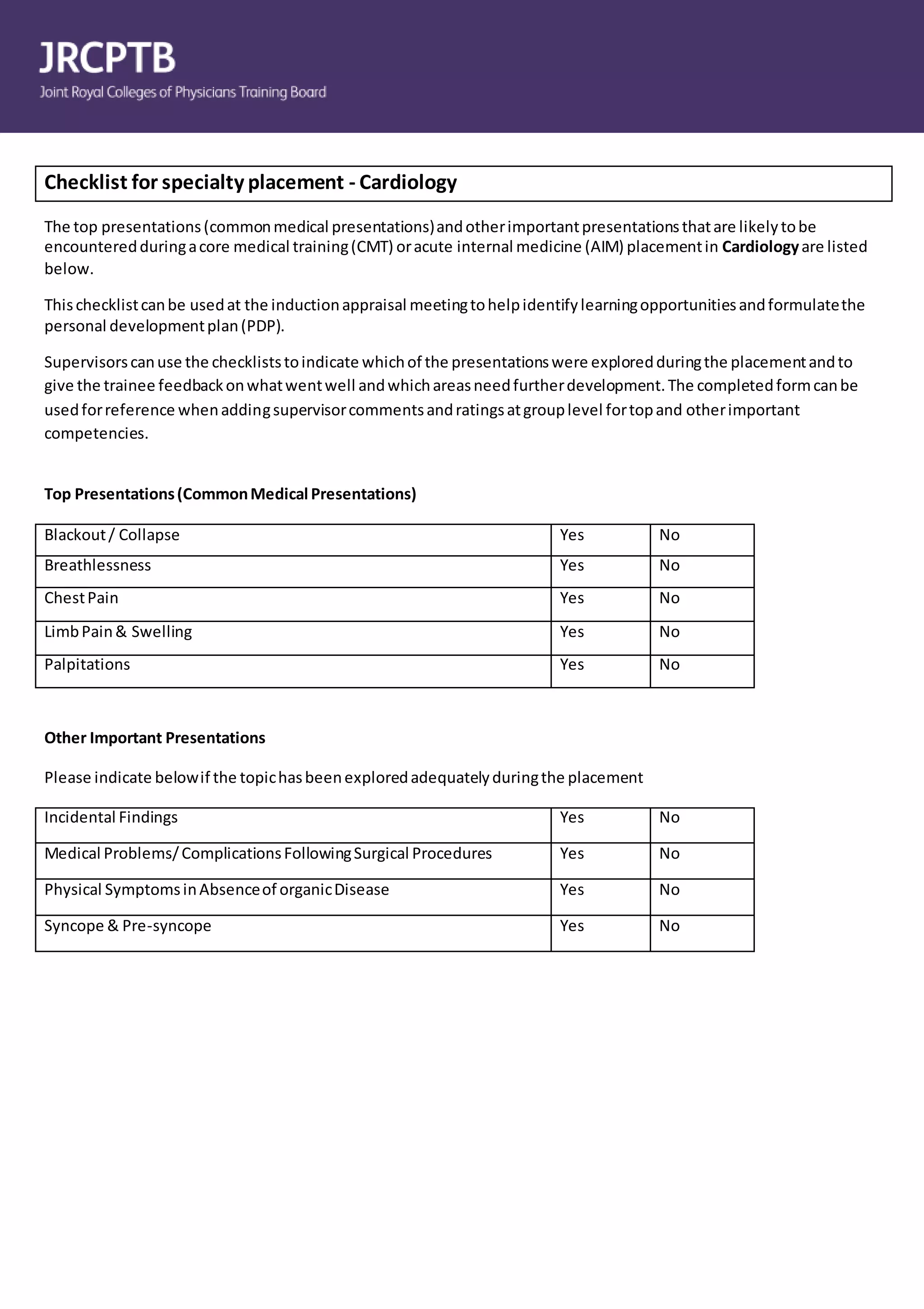 Cardiology specialty placement checklist | PDF