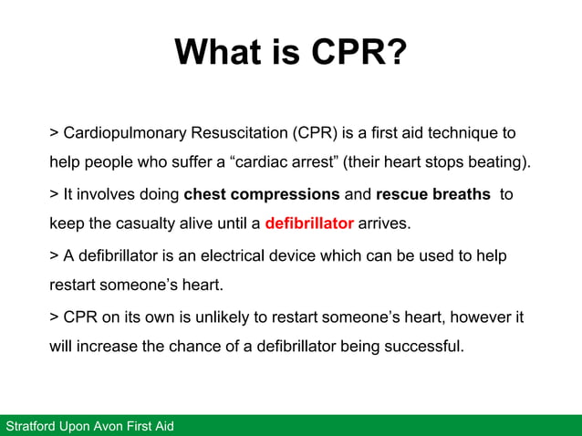 Cardiopulmonary resuscitation (cpr) | PPTX | First Aid | Injuries