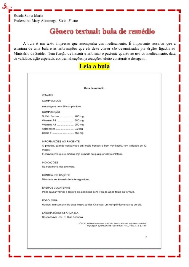 Gênero textual: Cardápio e bula de remédio