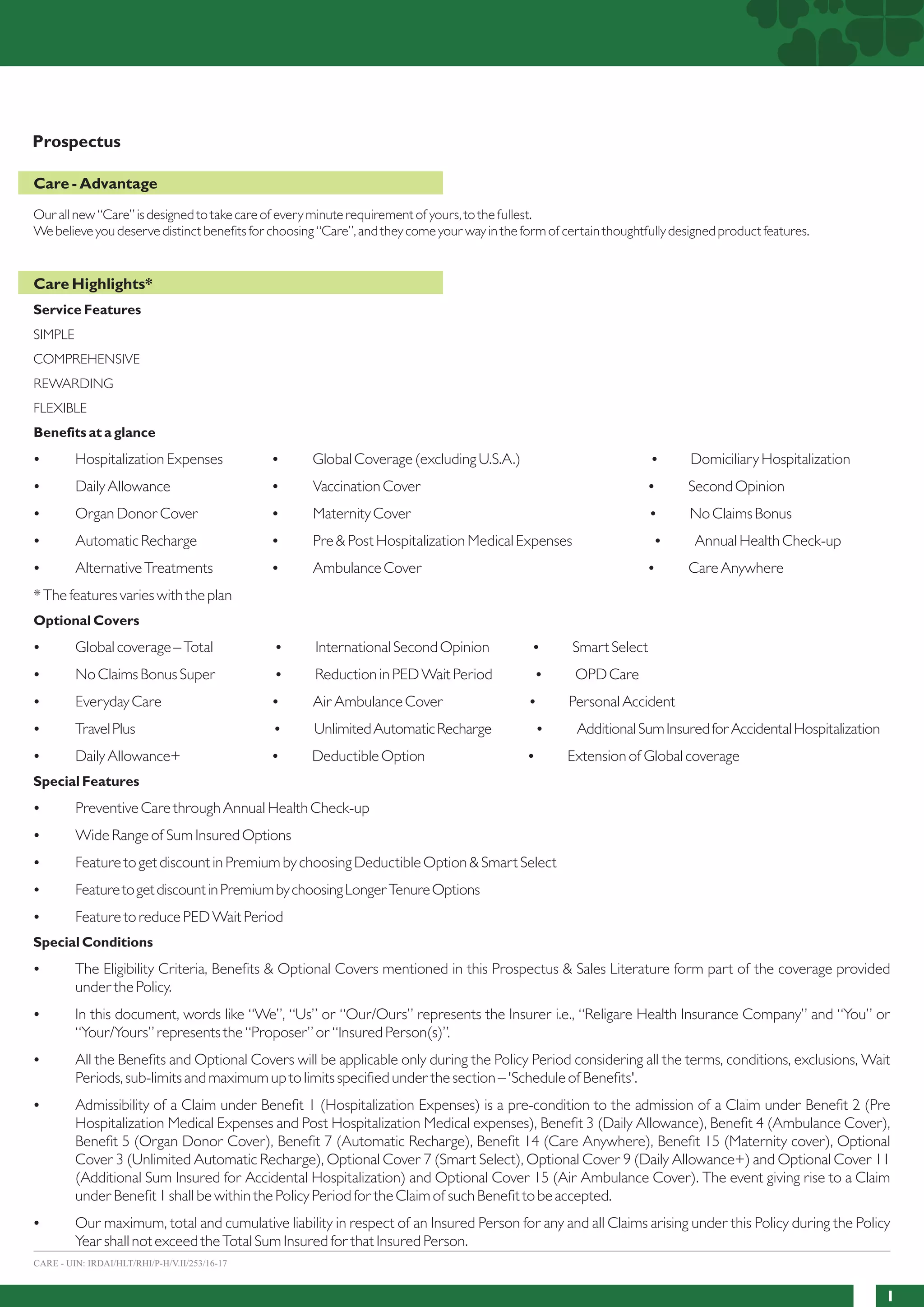 Care (health-insurance-product)--prospectus-cum-sales-literature | PDF