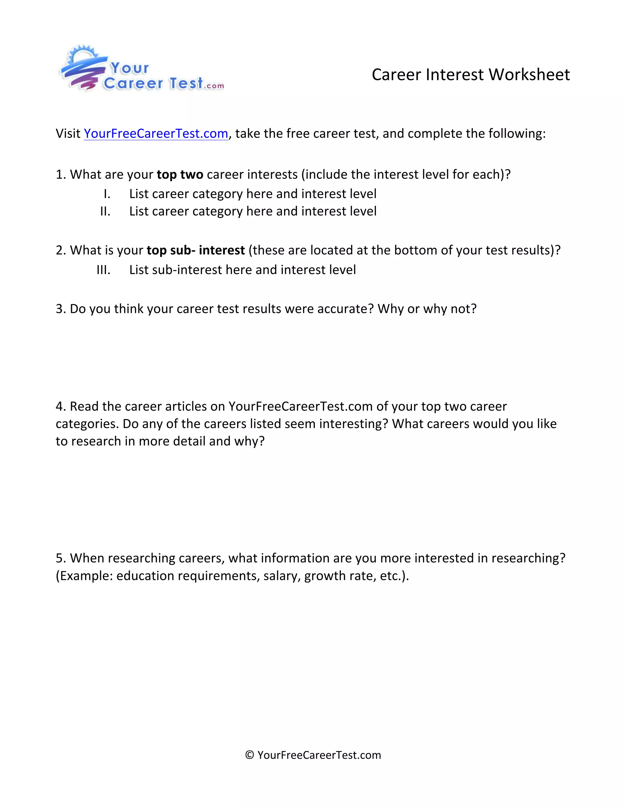 Career Interest Worksheet | PDF | Career Advice | Careers