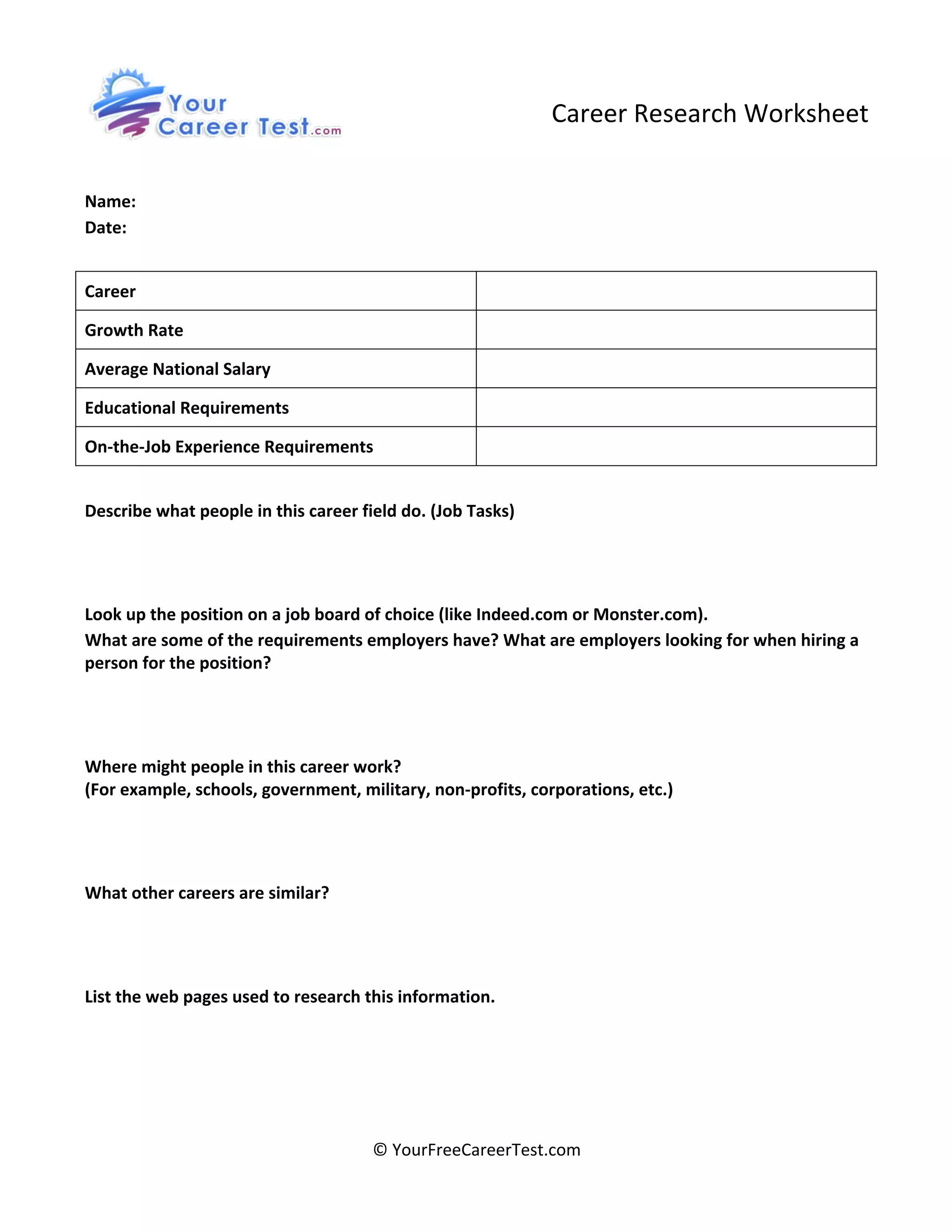 Career Research Worksheet | PDF