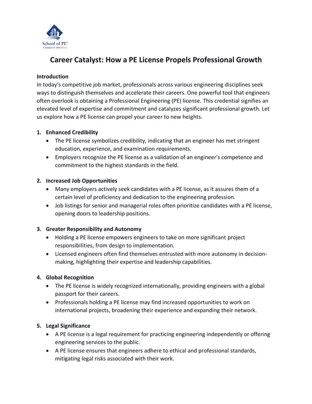 Career Catalyst How a PE License Propels Professional Growth | PDF