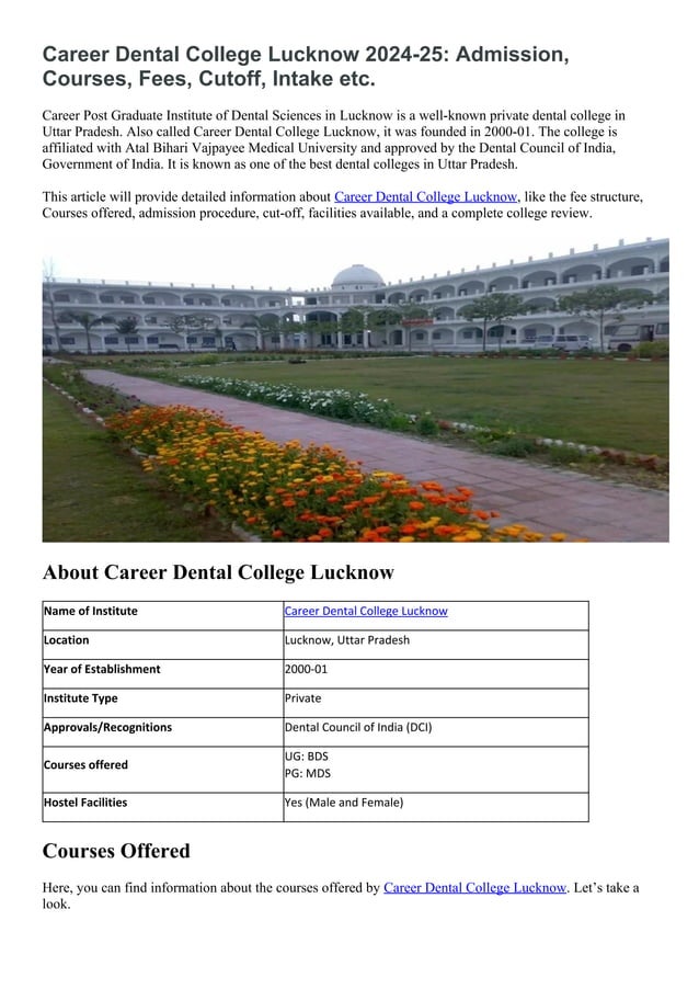 Career Dental College Lucknow 2024-25: Cut off, Fees, Courses, Intake ...