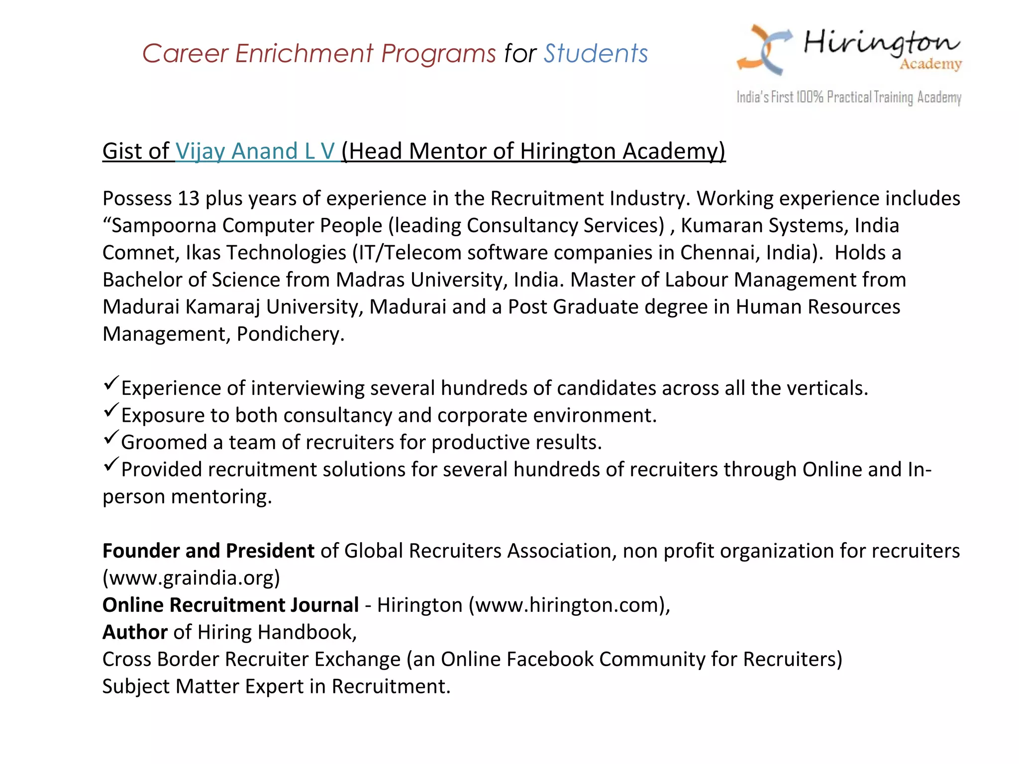 Career enrichment program for students | PPS