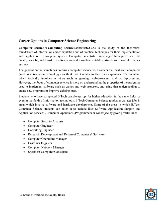 Career guide for B tech (Computerscience) | PDF