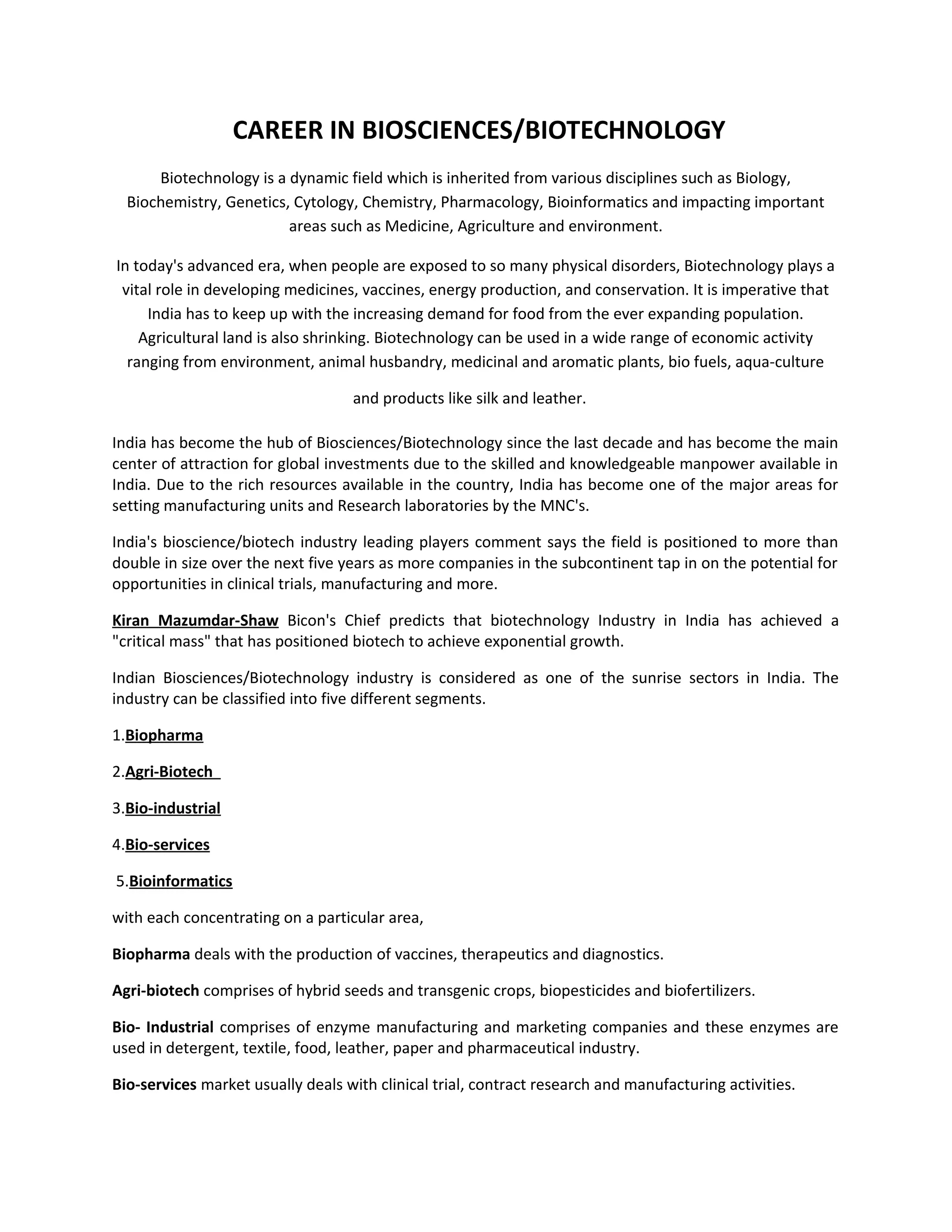 Career in biosciences and biotechnology | RTF