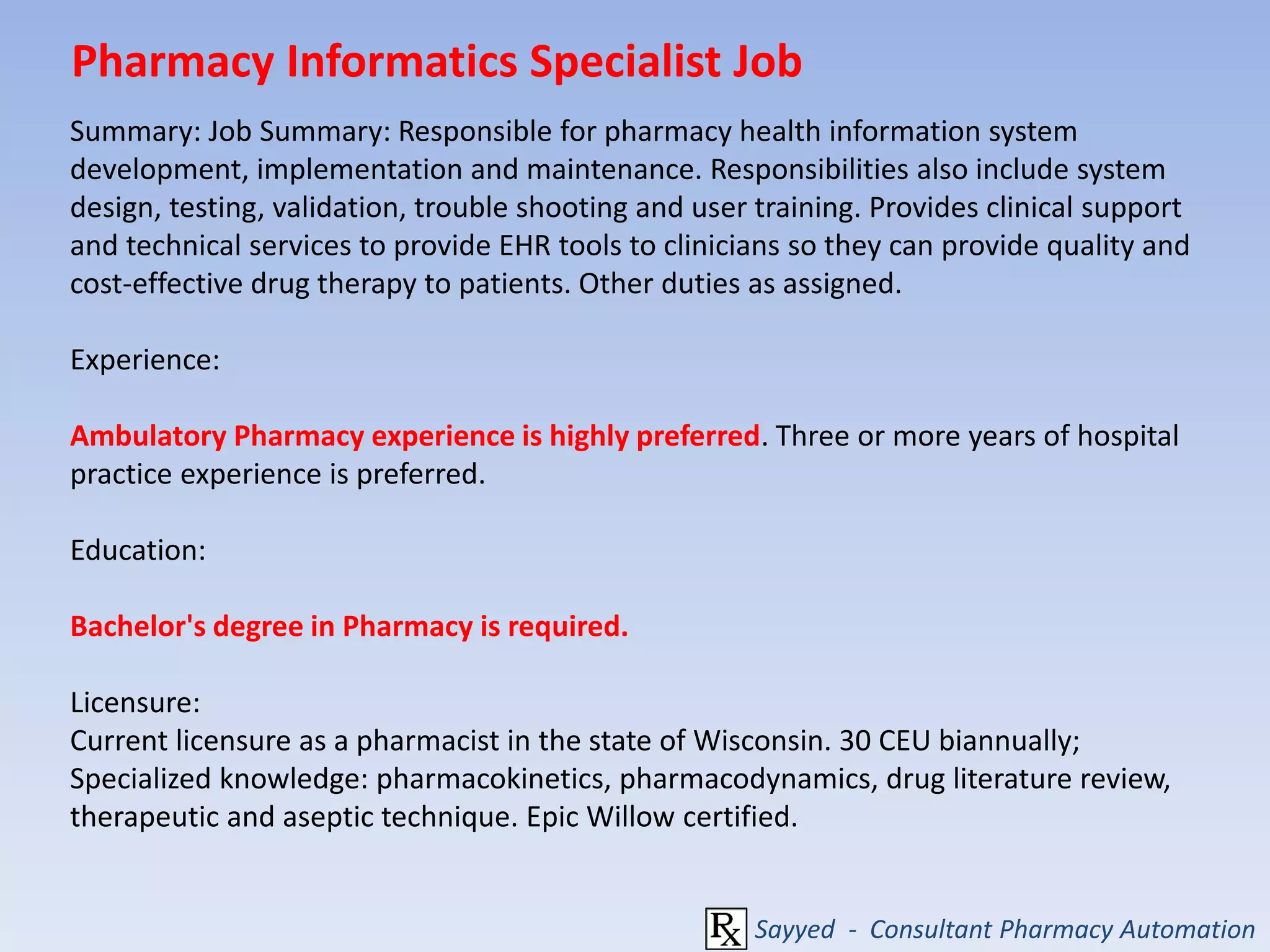 Career in Pharmacy Information - Roles and Responsibilities | PPT