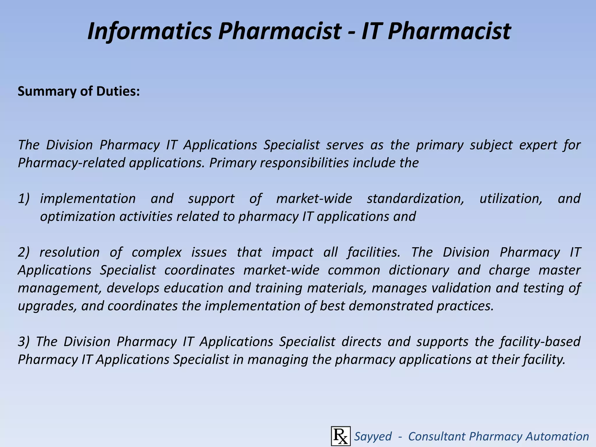 Career in Pharmacy Information - Roles and Responsibilities | PPT