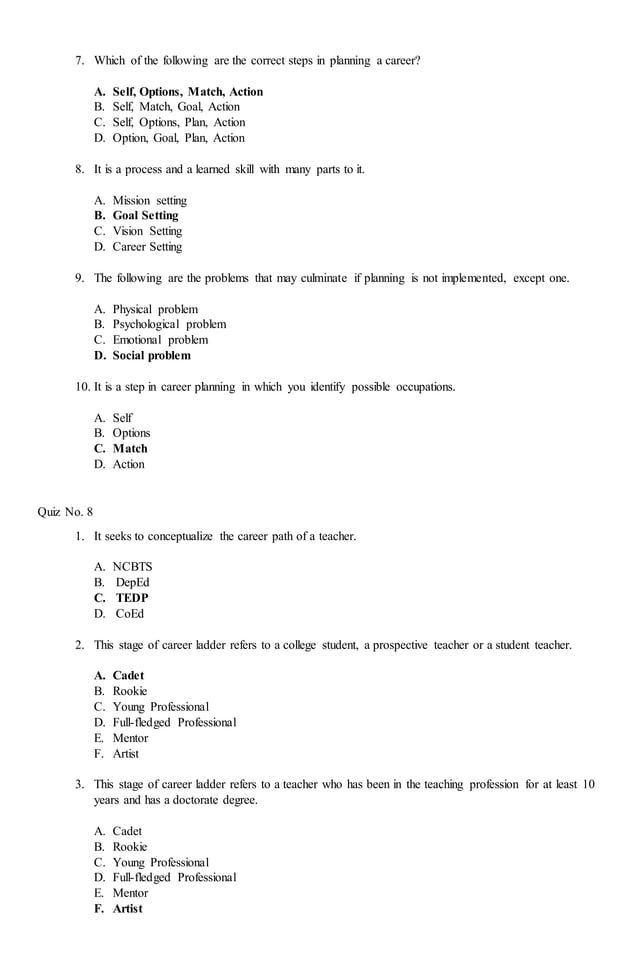 Career planning quiz no. 7 & 8 | PDF