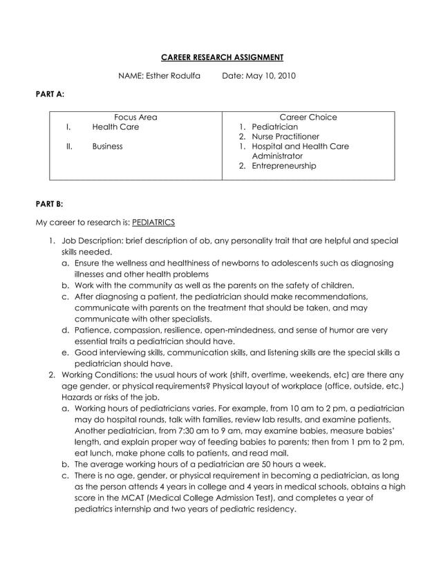 Career research assignment | DOCX | Children\'s Health | Healthy Living